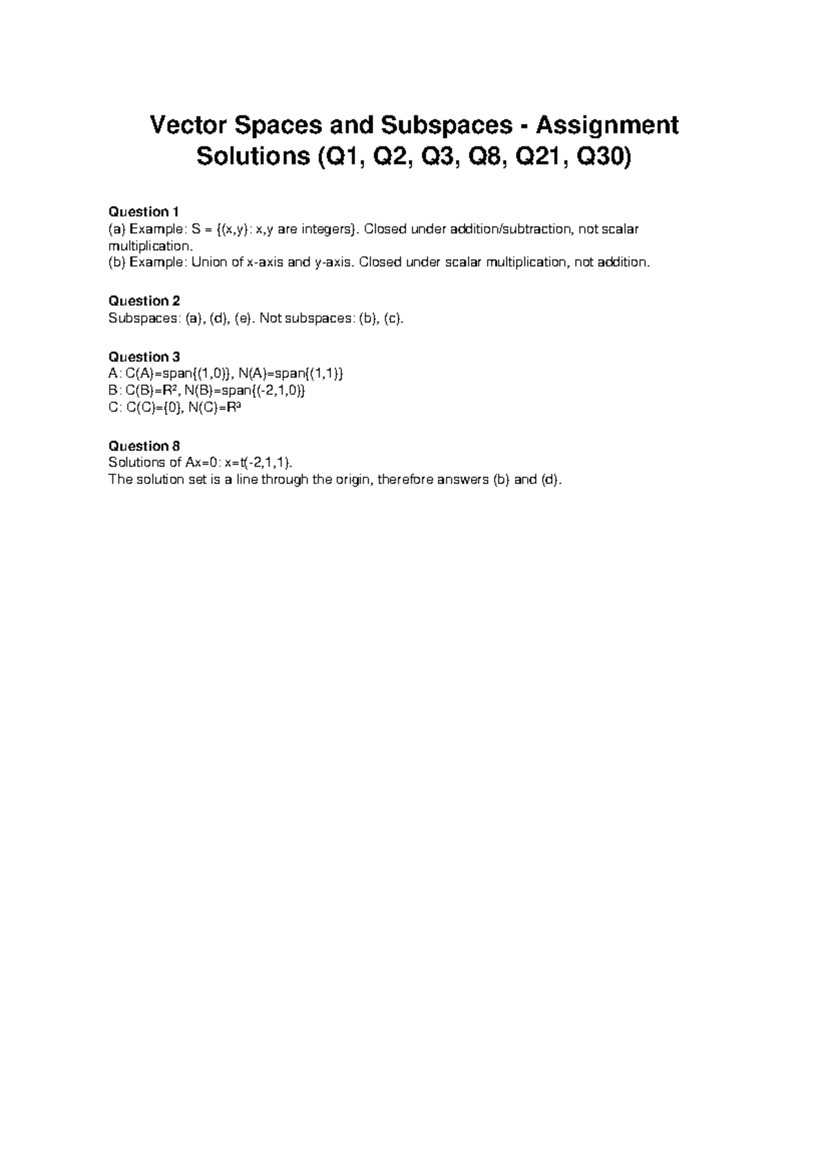 Vector Spaces and Subspaces Assignment Solutions (Q1-Q3, Q8) - Studocu