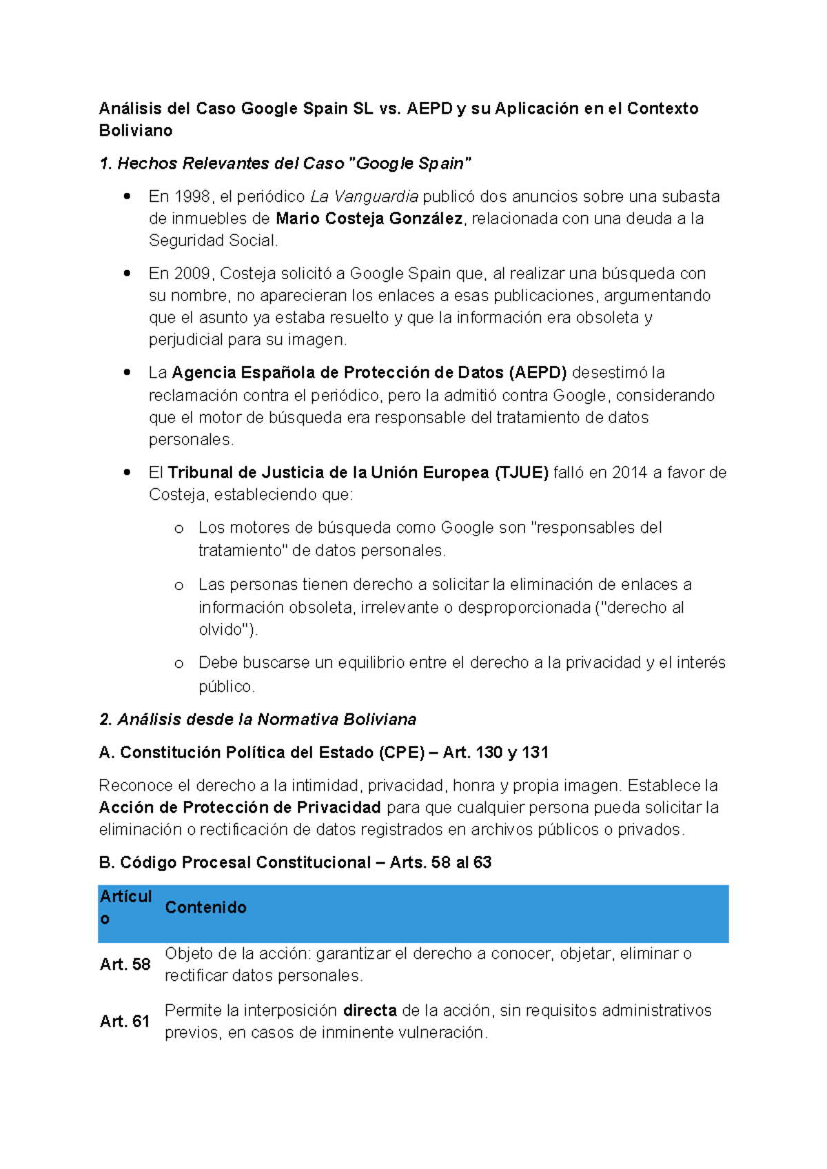 Análisis del Caso Google Spain SL vs. AEPD: Implicaciones en Bolivia ...