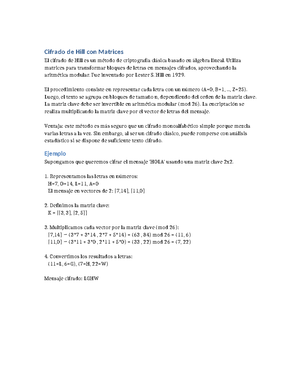 Cifrado de Hill con Matrices: Método Clásico de Criptografía - Studocu