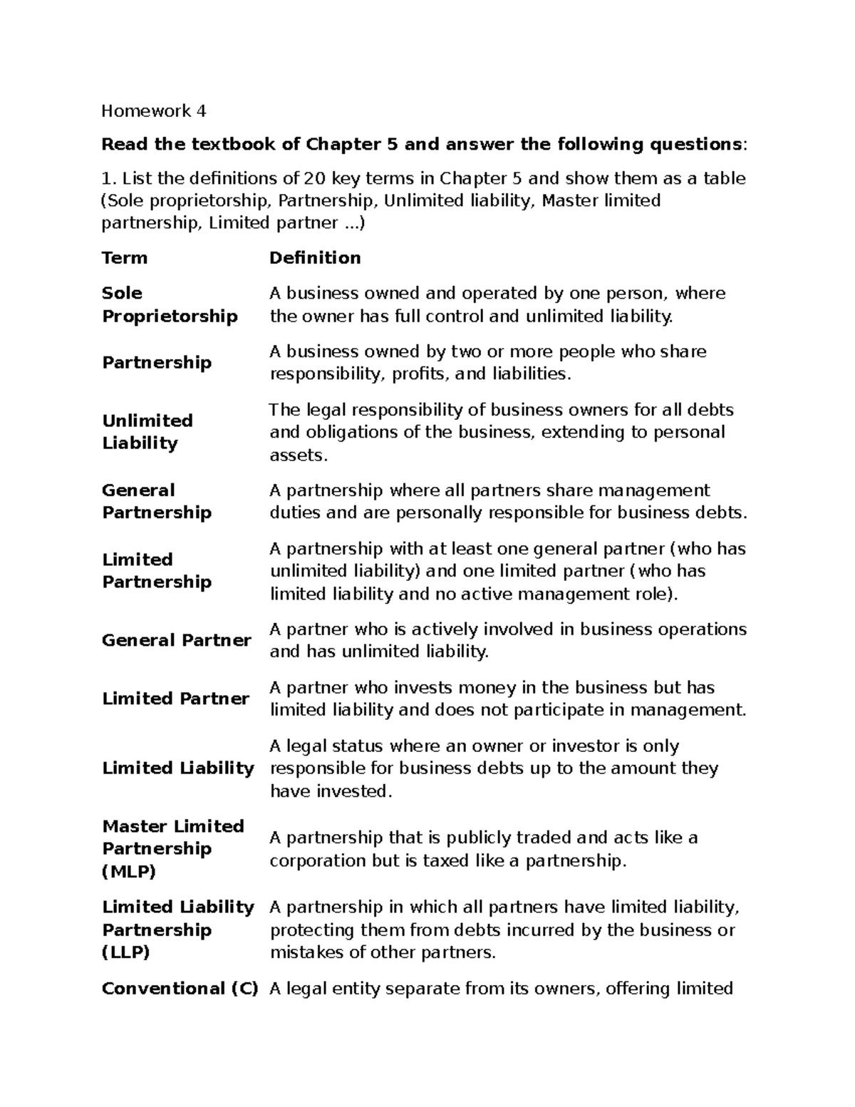 Homework 4: Key Terms and Business Ownership Comparisons in Chapter 5 ...