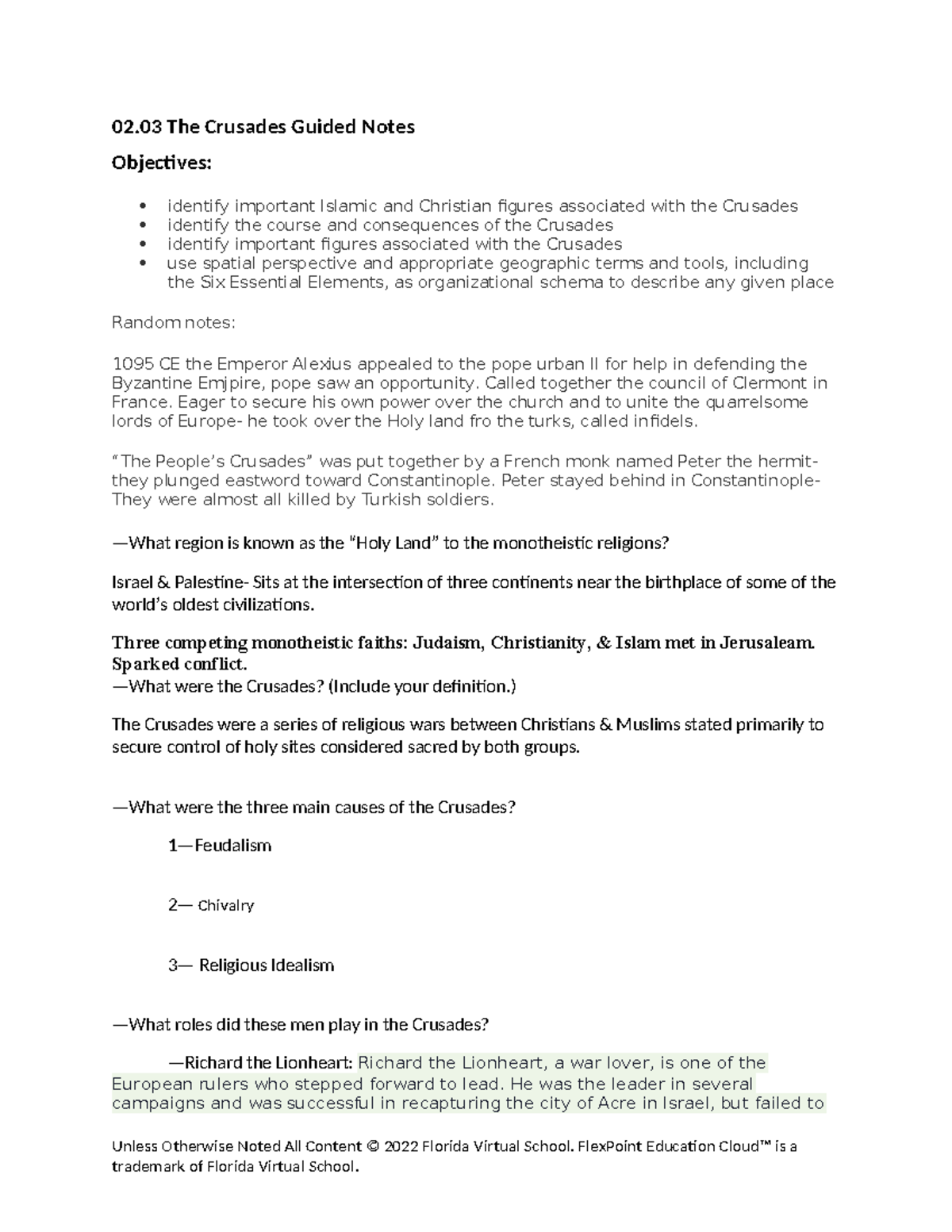 02 The Crusades Guided Notes: Key Figures, Causes, & Effects - Studocu