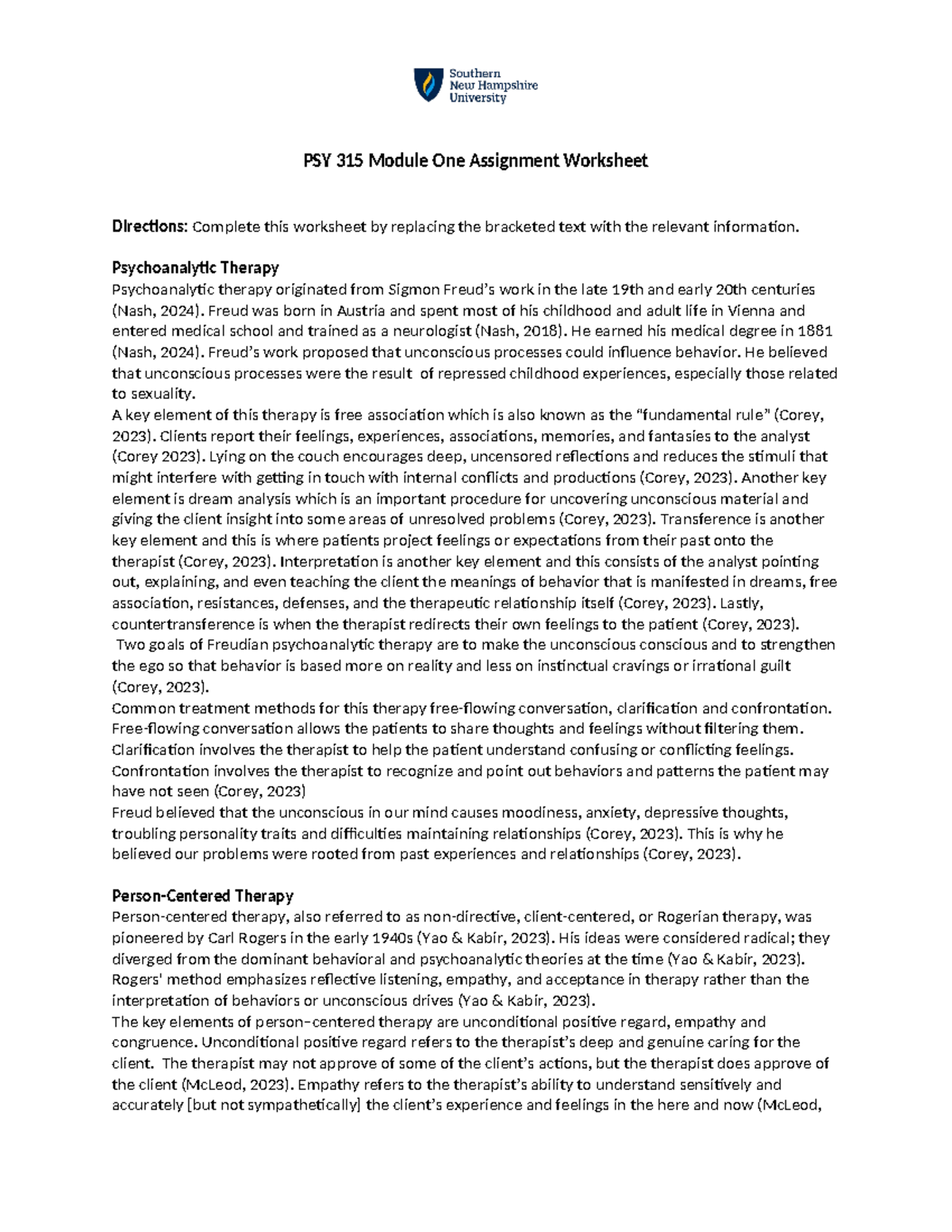 PSY 315 Module One Assignment Worksheet - PSY 315 Module One Assignment ...