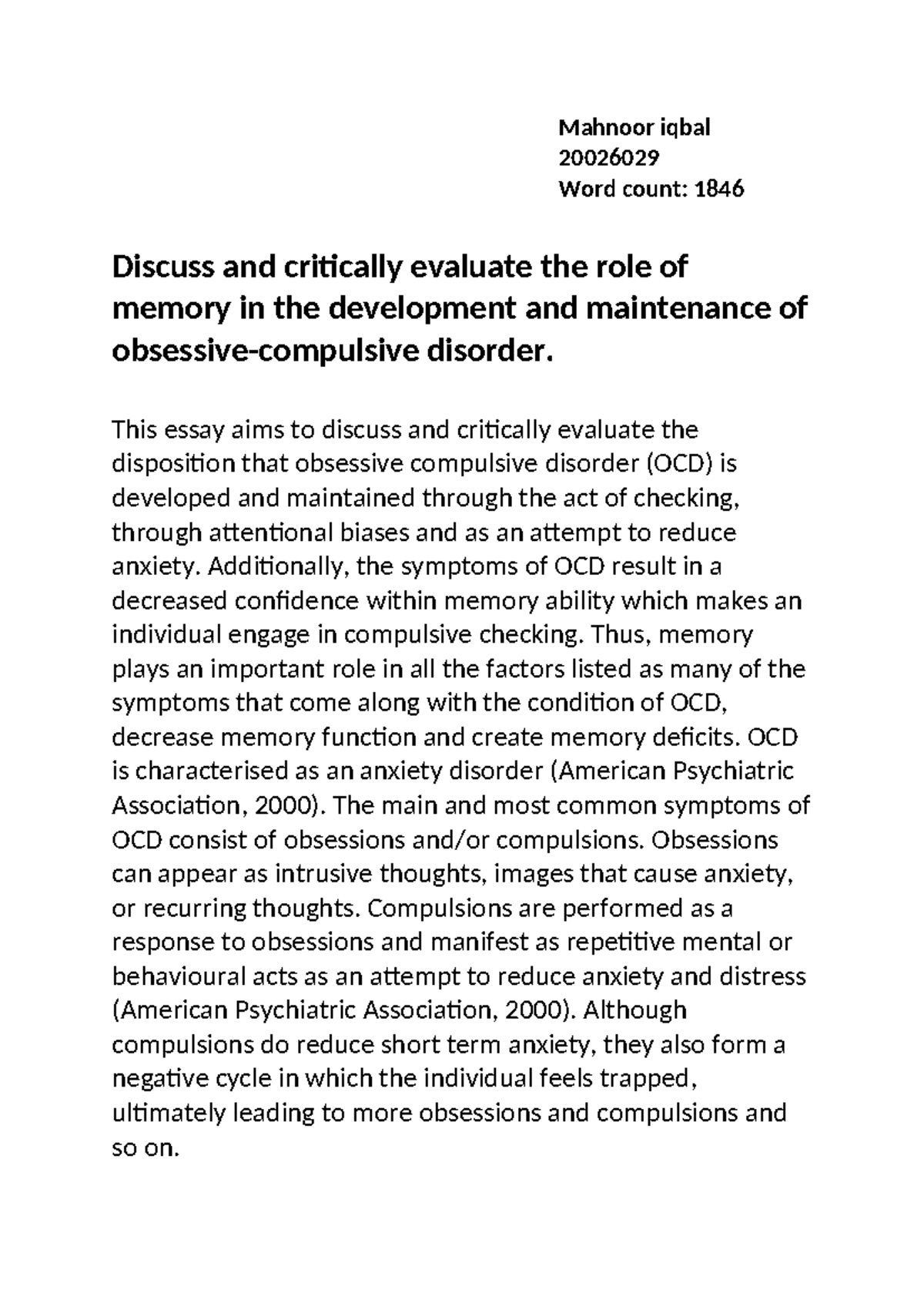 Critical Evaluation of Memory's Role in OCD Development - 2002/6029 ...