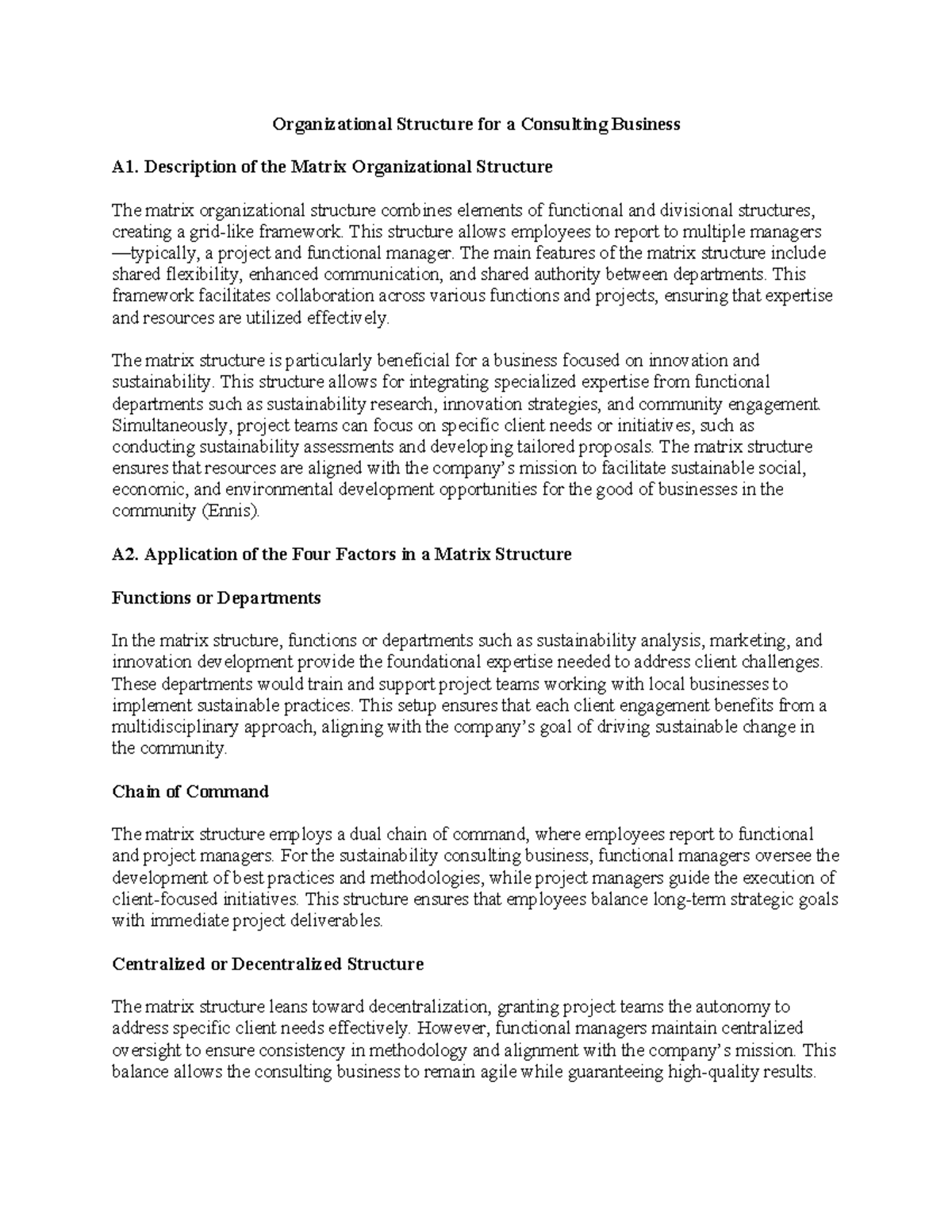 Matrix Organizational Structure in a Sustainability Consulting Business ...