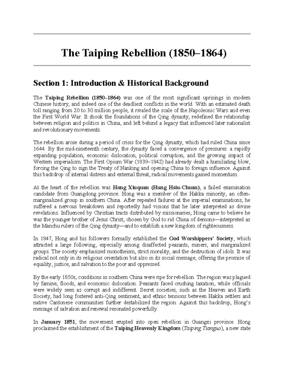 Taiping Rebellion Notes (3rd Sem): Causes, Impact, and Legacy - Studocu