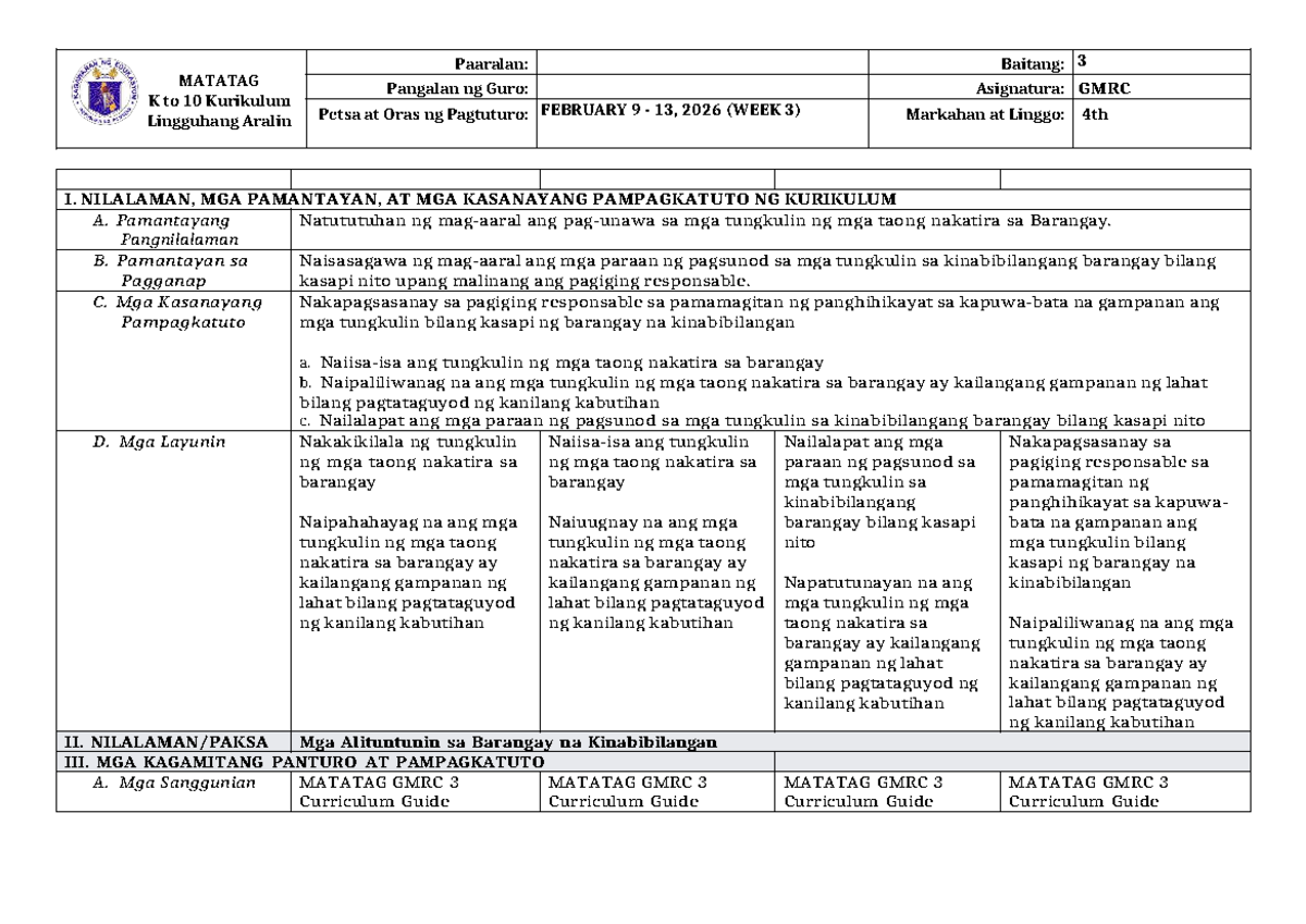Grade 3 DLL: Matatag GMRC Curriculum Guide for Week 3 - Studocu