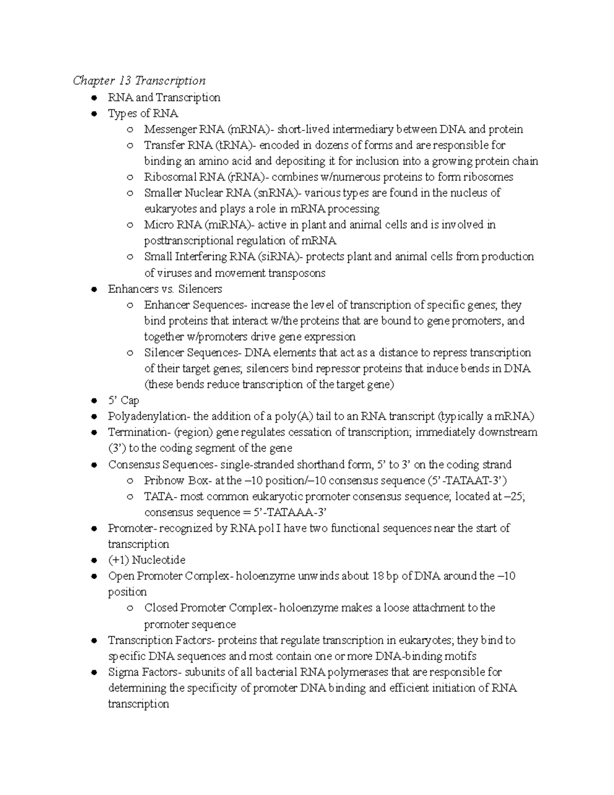 Exam 3 Study Guide - Chapter 13 Transcription RNA and Transcription ...