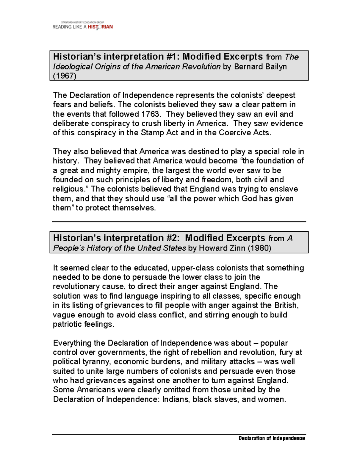 Declaration of Independence Student SHEG - Historian’s interpretation ...