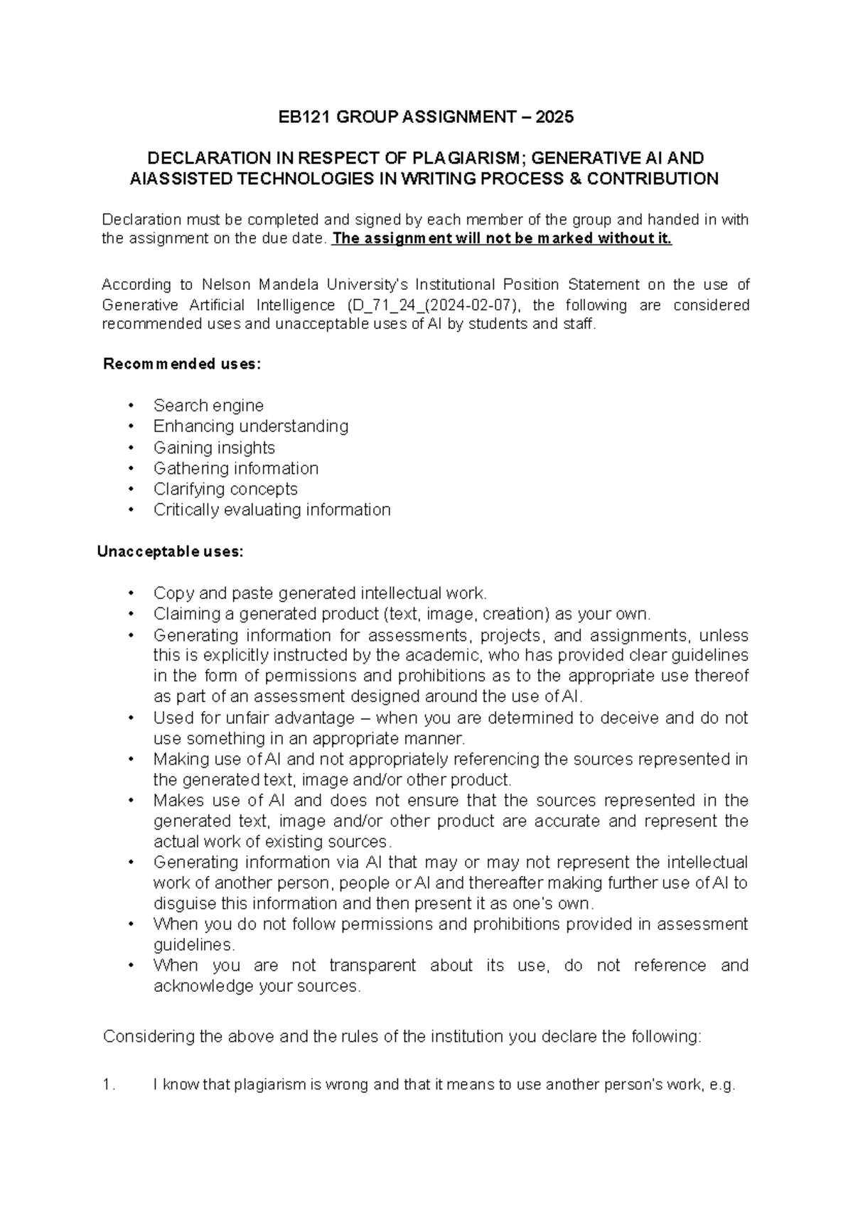 EB121 Group Assignment Declaration on AI Usage and Ethics 2025 - Studocu