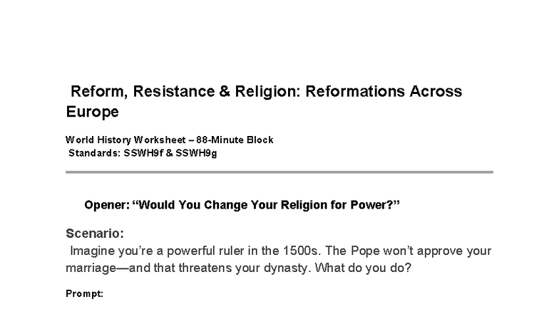 Reform, Resistance & Religion: European Reformations Worksheet SSWH9f ...