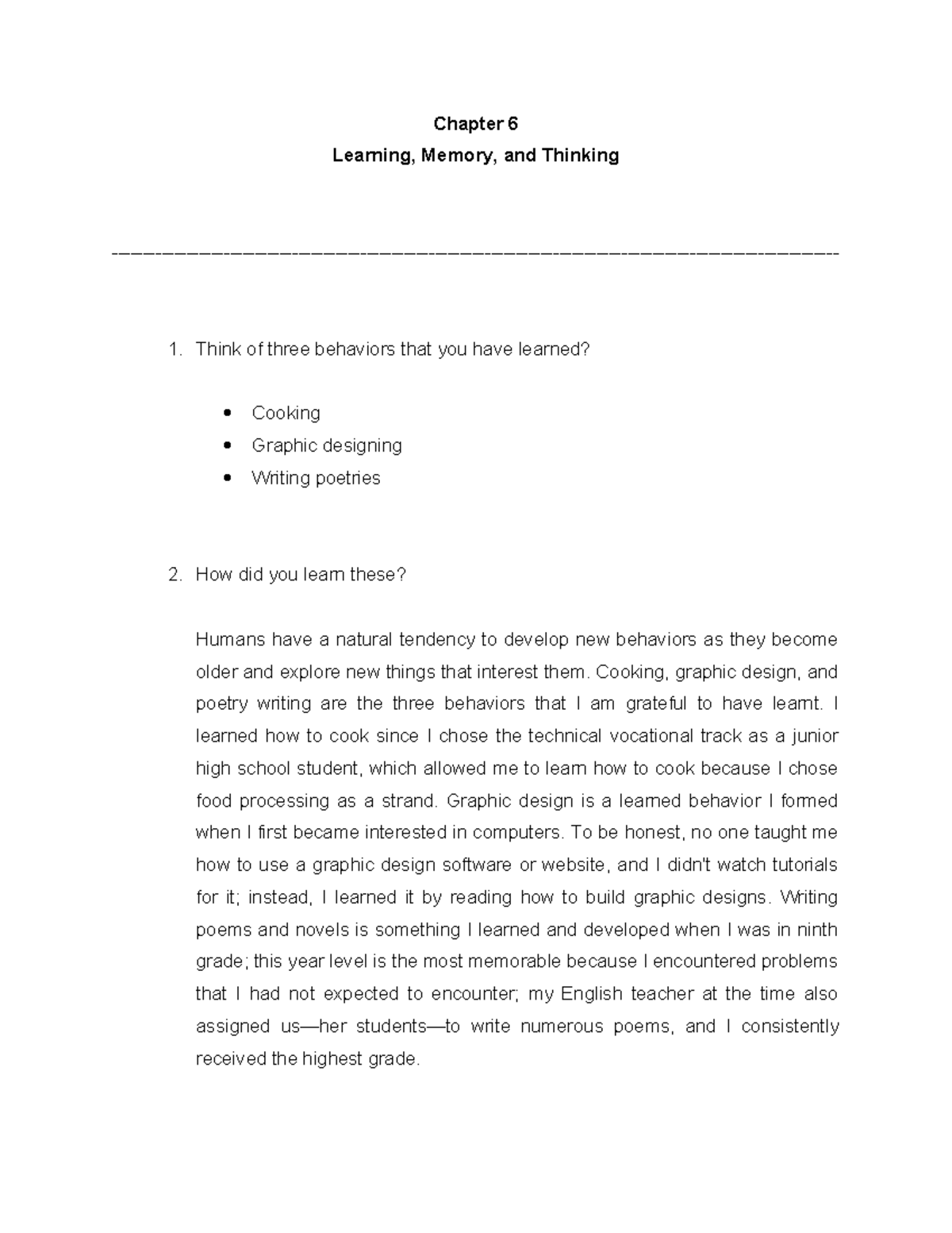 Chapter 6 Activity - LEARNING, MEMORY - Chapter 6 Learning, Memory, and ...
