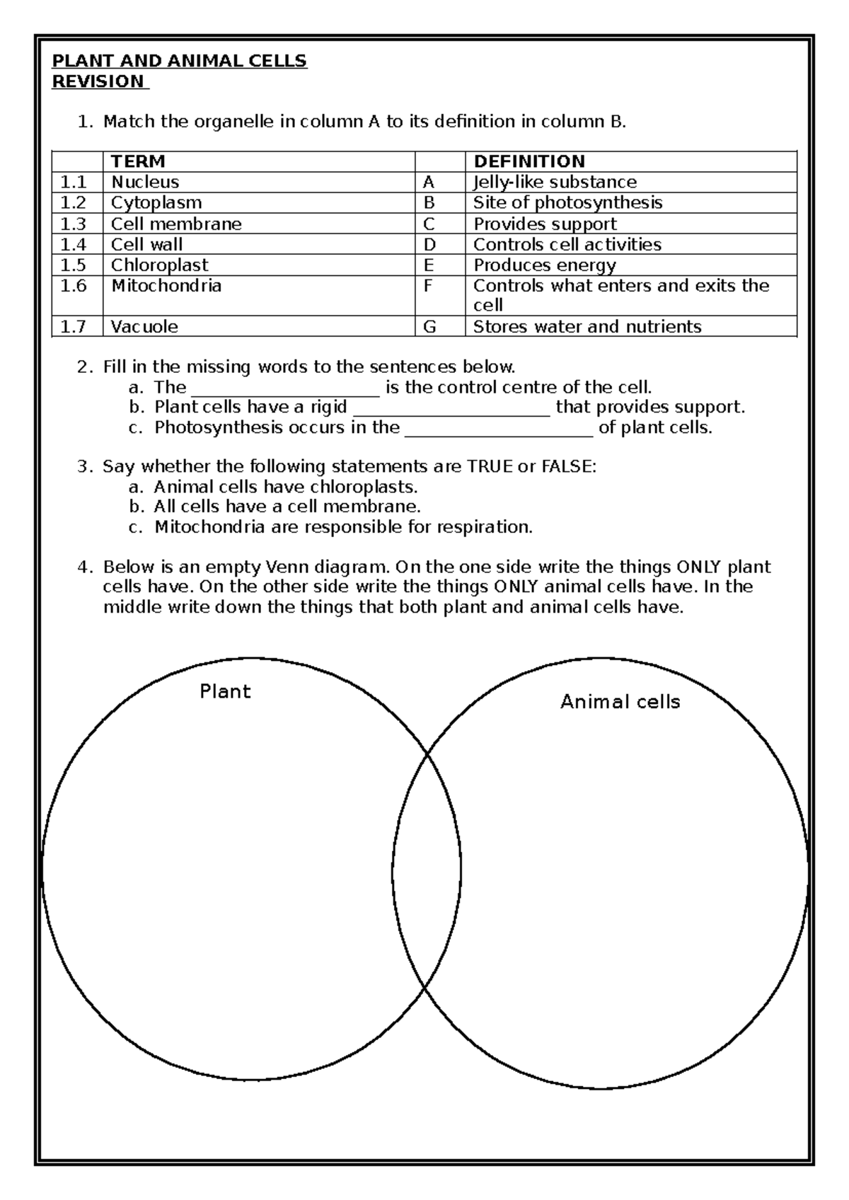 Grade 9 Plant & Animal Cells Revision Worksheet - Studocu