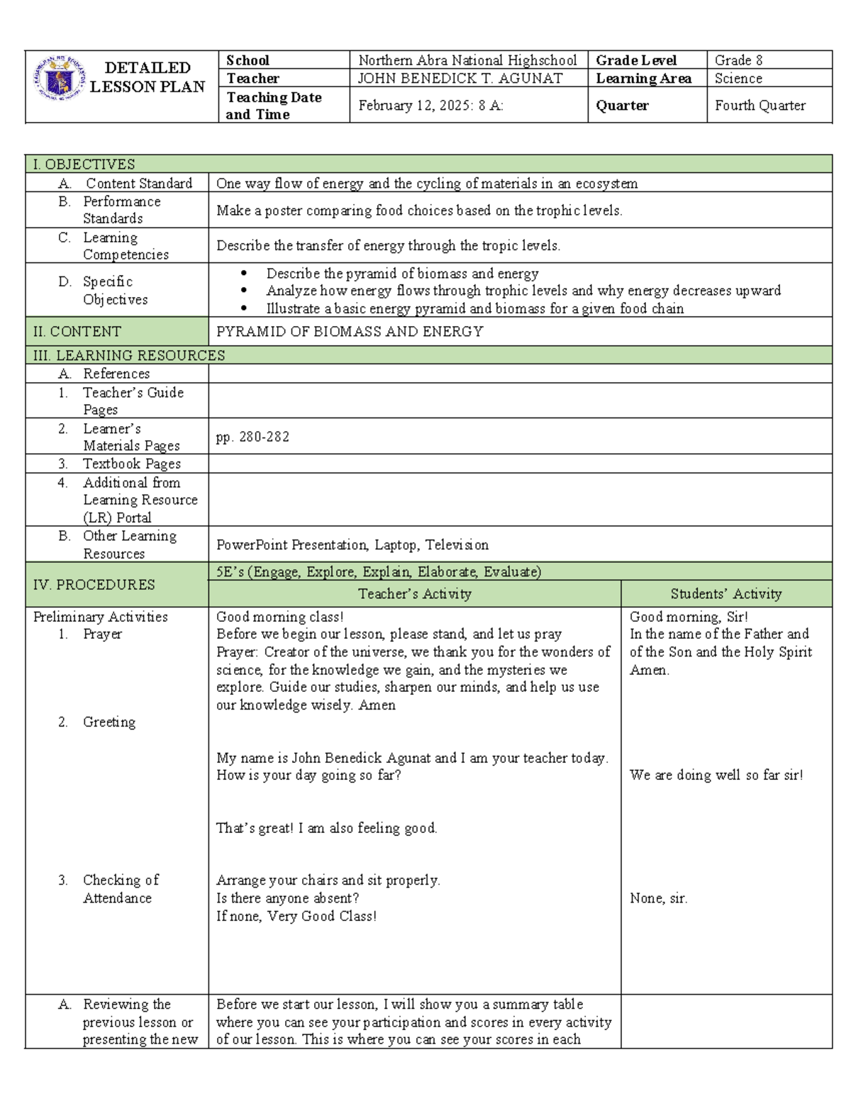 Demo 2 - lesson plan grade 8 science - School Northern Abra National ...