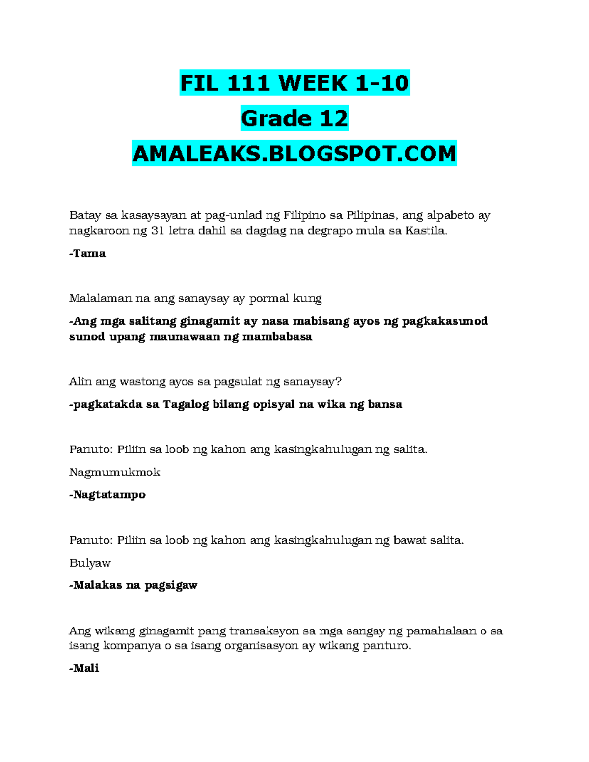 [ Amaleaks. Blogspot.COM] FIL 111 Week 1-10 - FIL 111 WEEK 1- Grade 12 ...