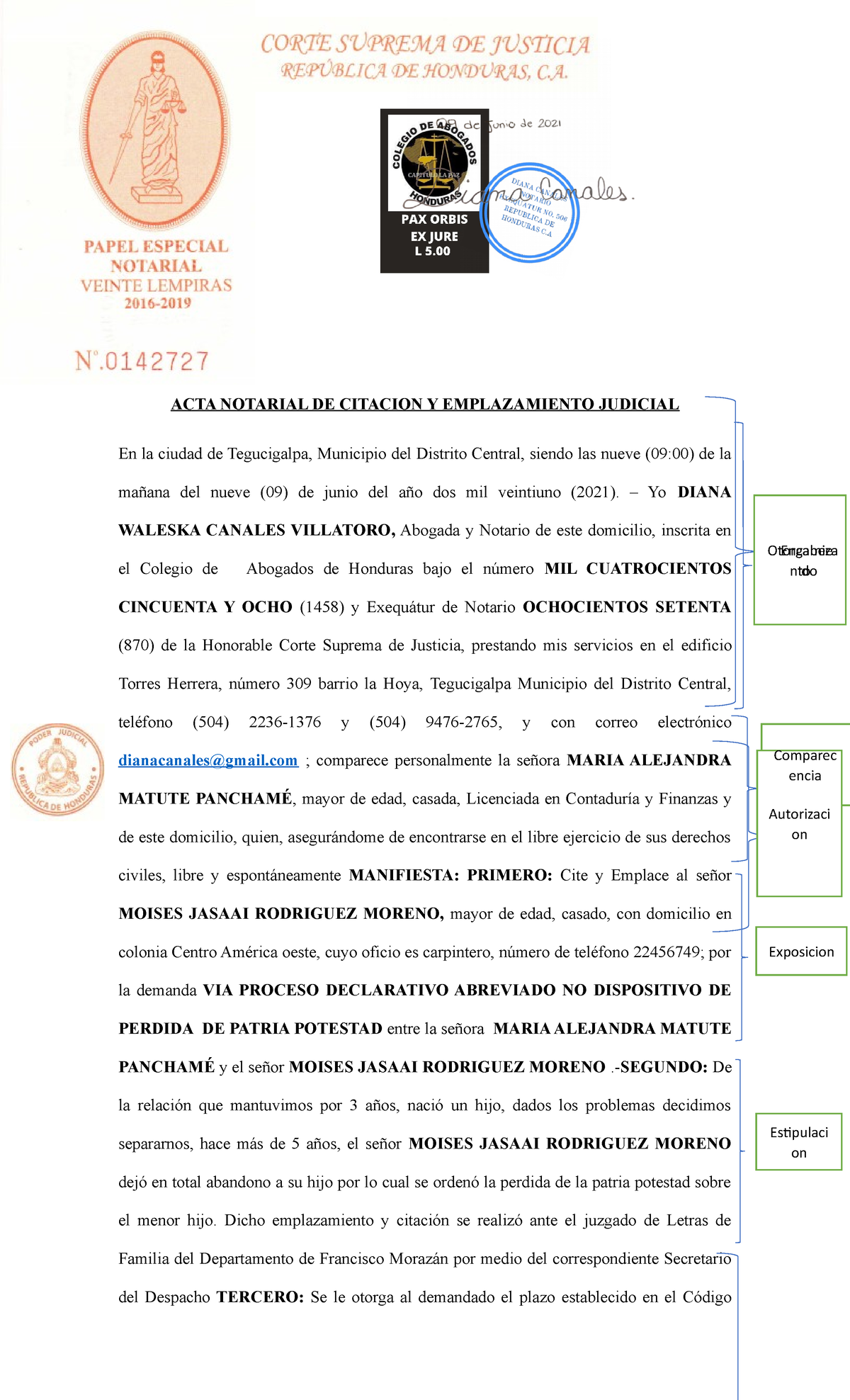 ACTA Notarial DE Citacion- Exposicion - ACTA NOTARIAL DE CITACION Y EMPLAZAMIENTO JUDICIAL En la ...