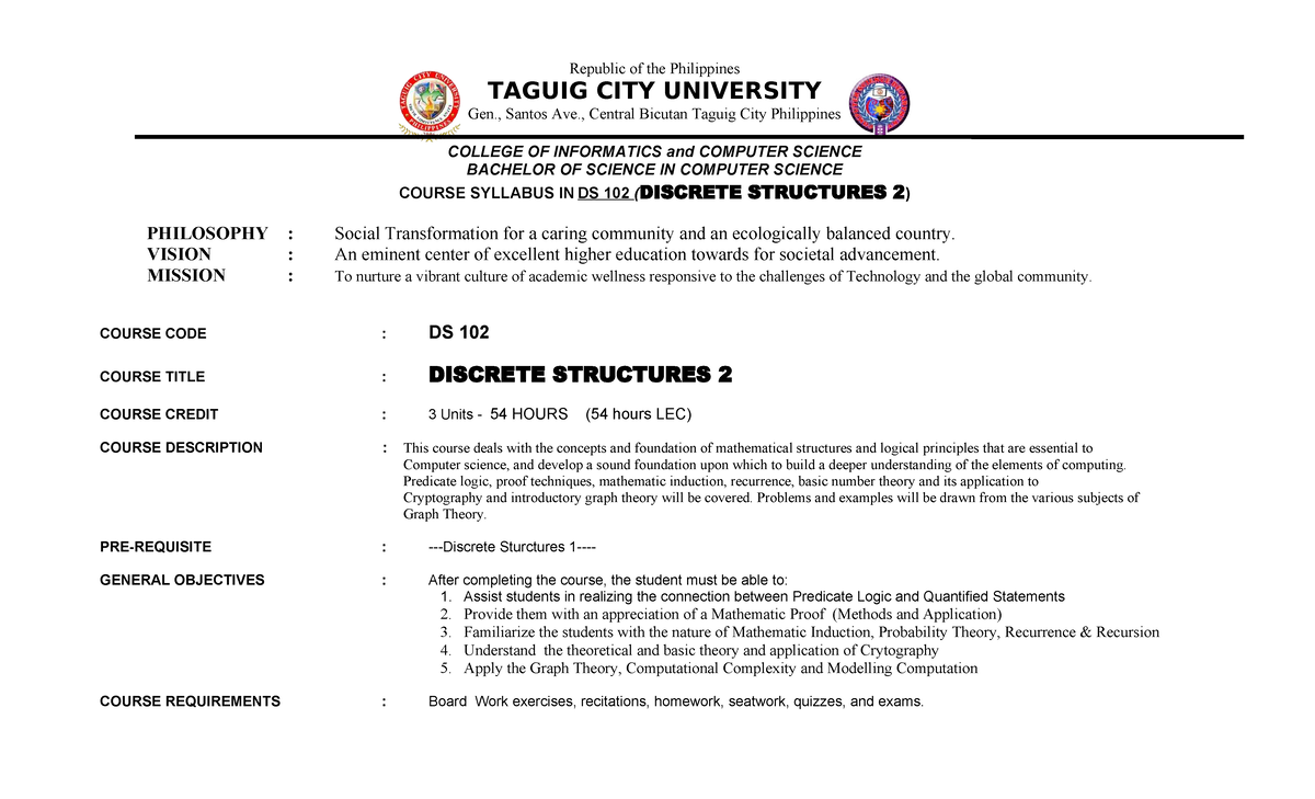 TCU Syllabus DS 102 Discrete Structures 2 - Course Overview and ...