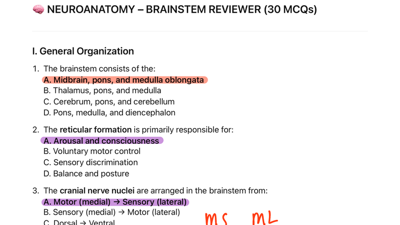 NEUROANATOMY BRAINSTEM REVIEWER (30 MCQs) - Key Concepts - Studocu