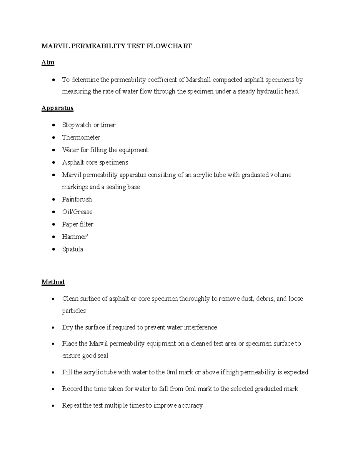 Marvil Permeability Test Flowchart: Determining Asphalt Coefficient ...