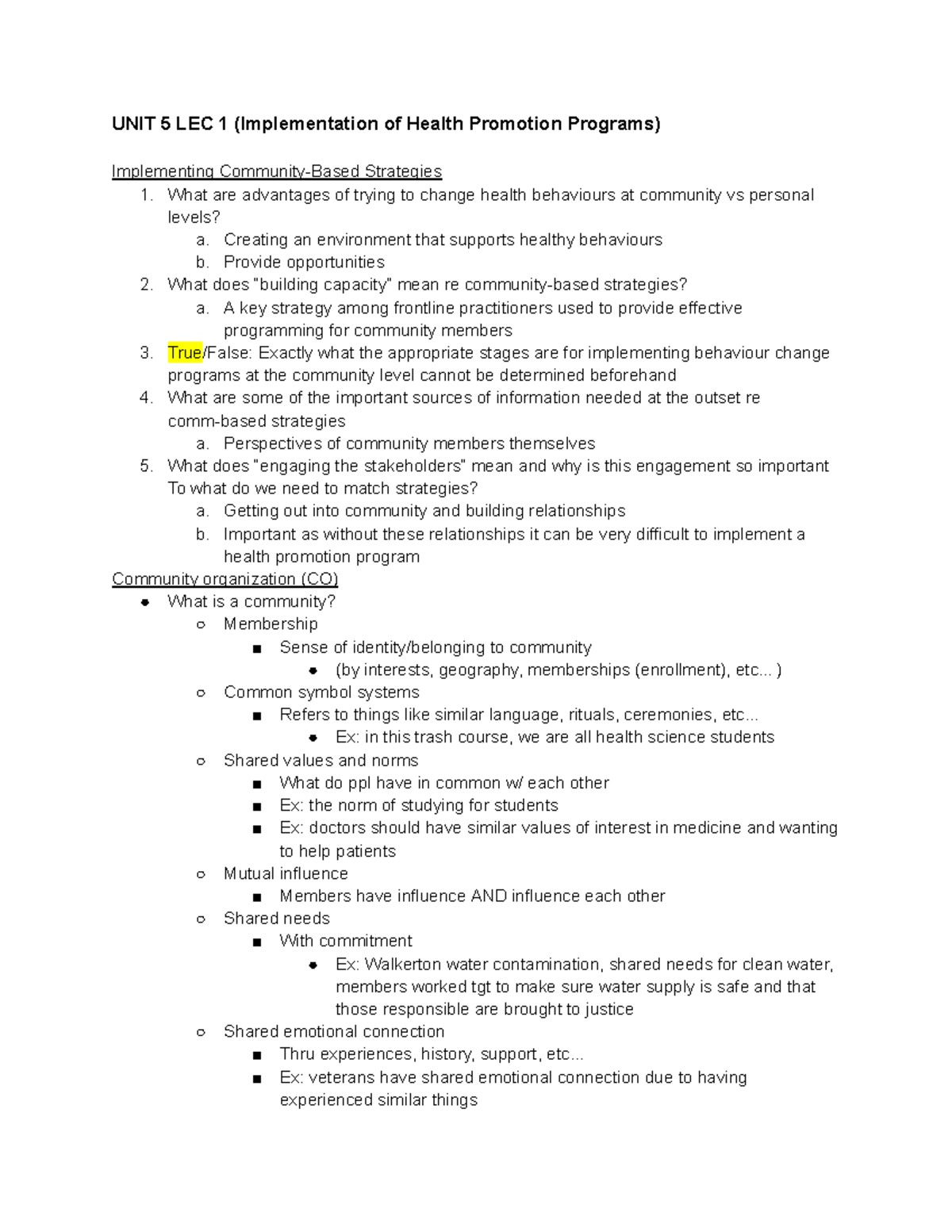 units 5 and 6 notes - UNIT 5 LEC 1 (Implementation of Health Promotion ...