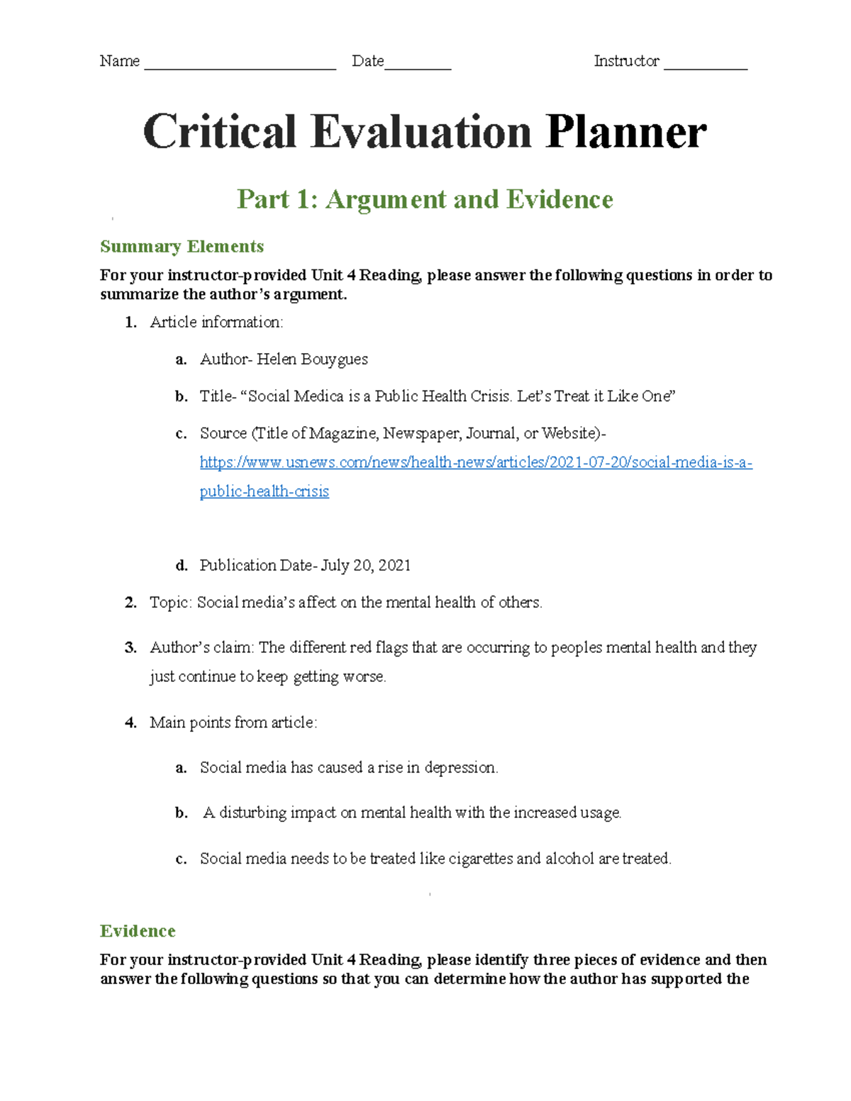 Critical Evaluation Planner Part 1: Analyzing Argument & Evidence - Studocu