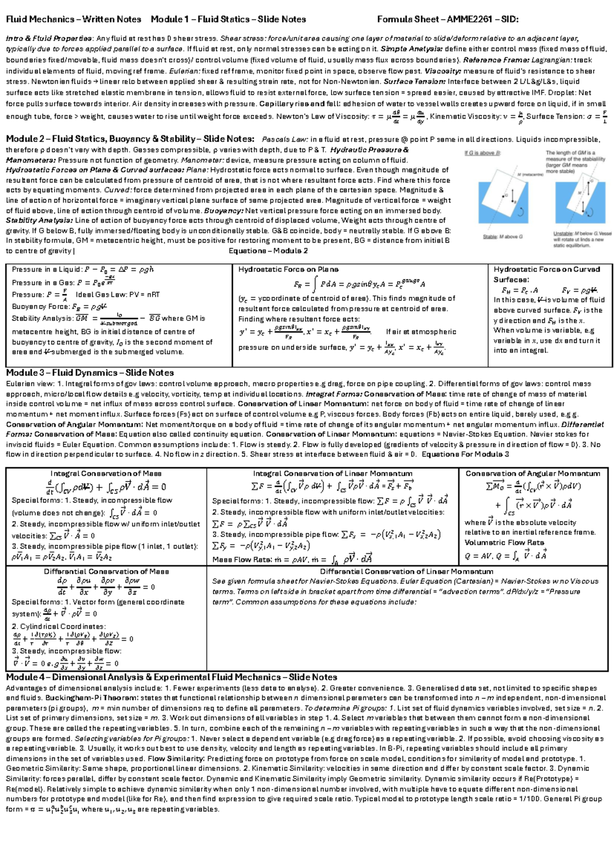 Fluid Mechanics Notes Summary AMME2261: Modules 1-4 Overview - Studocu
