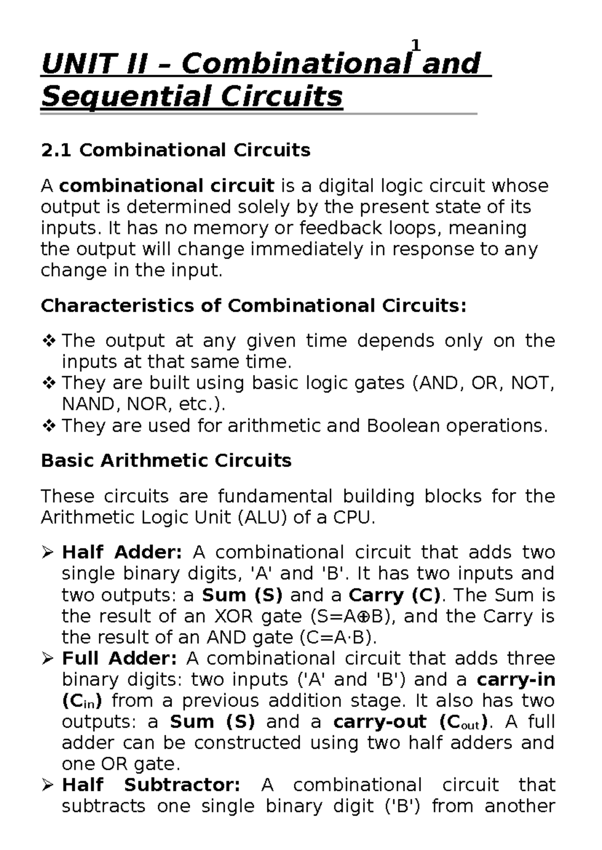 UNIT II: Combinational & Sequential Circuits Overview - Studocu