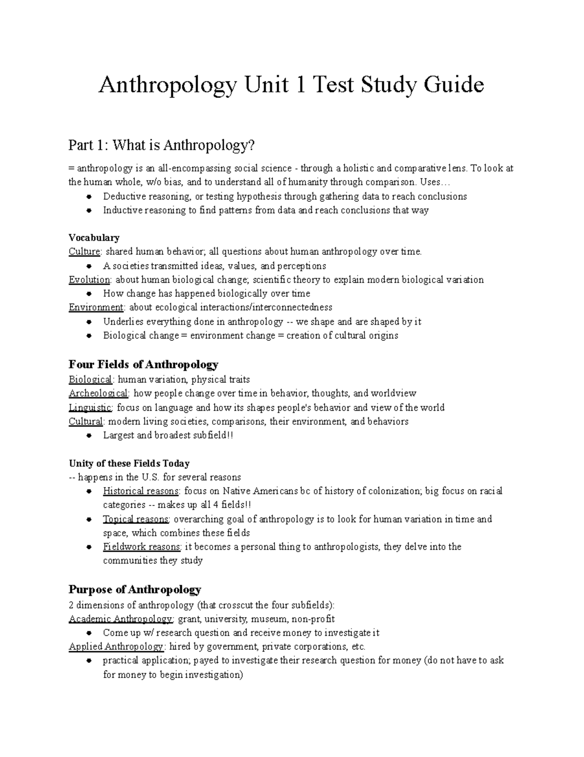 Anthropology Unit 1 Test Study Guide - To look at the human whole, w/o ...