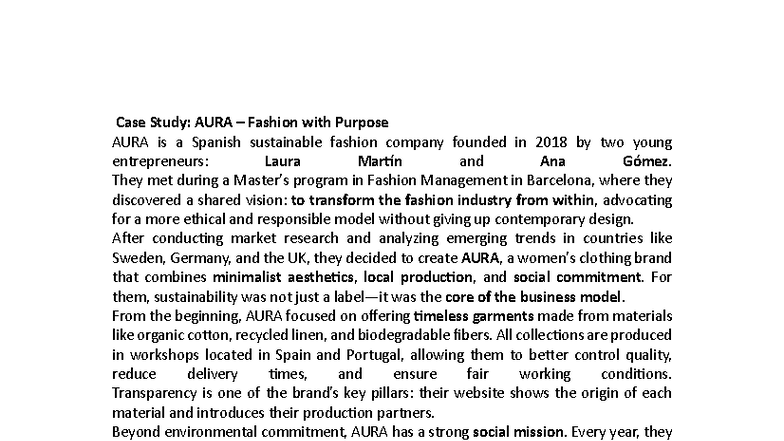Case Study: AURA Fashion - Sustainable & Ethical Approach - Studocu