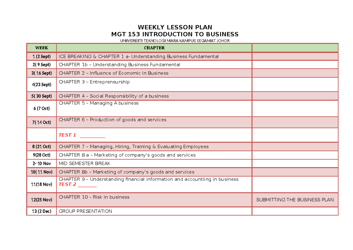Weekly Lesson Plan MGT 153: Introduction to Business - Studocu