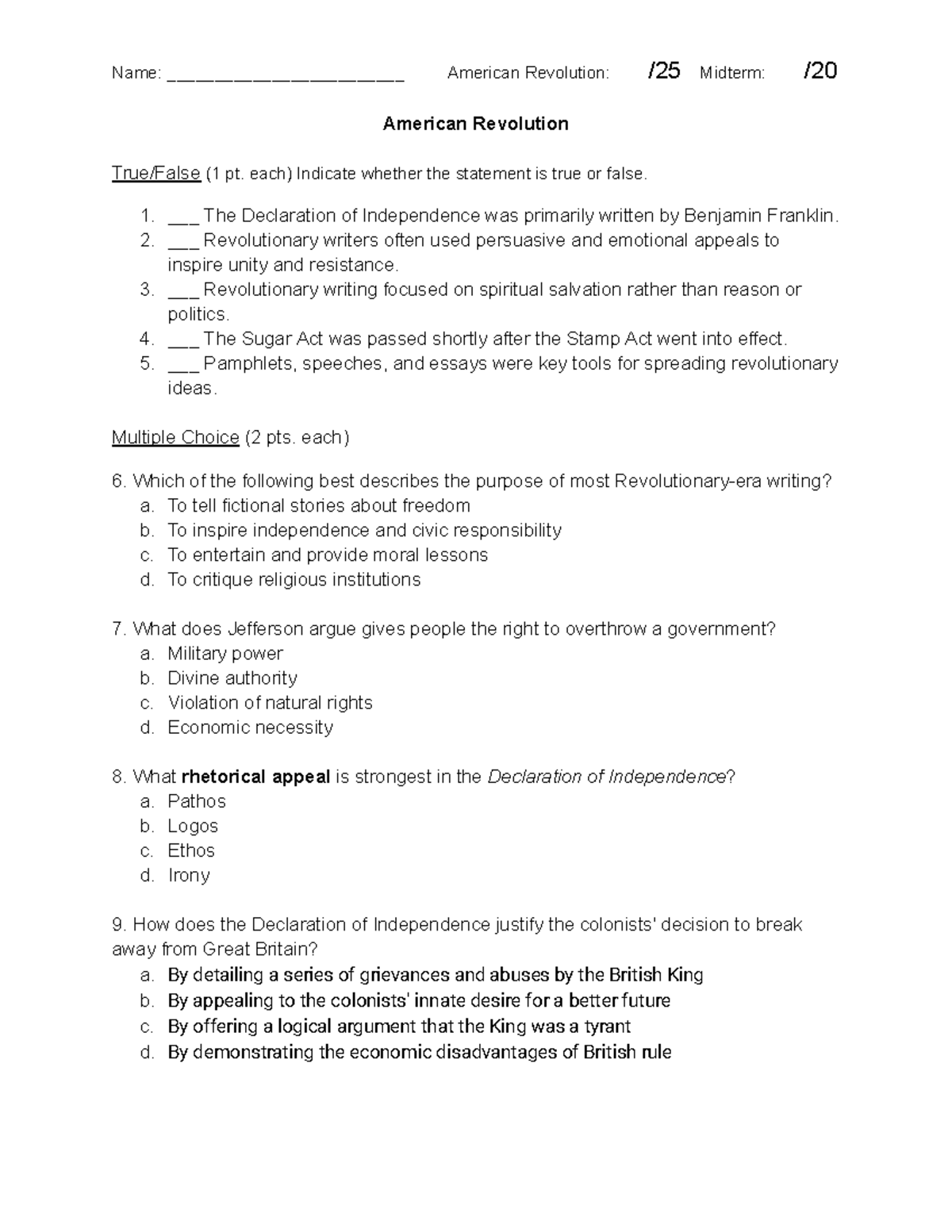 American Lit Revolution: Midterm Test Key Concepts & Questions - Studocu