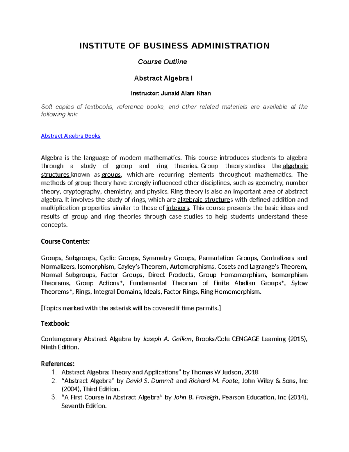 Abstract Algebra I - Course Outline and Key Concepts - Studocu