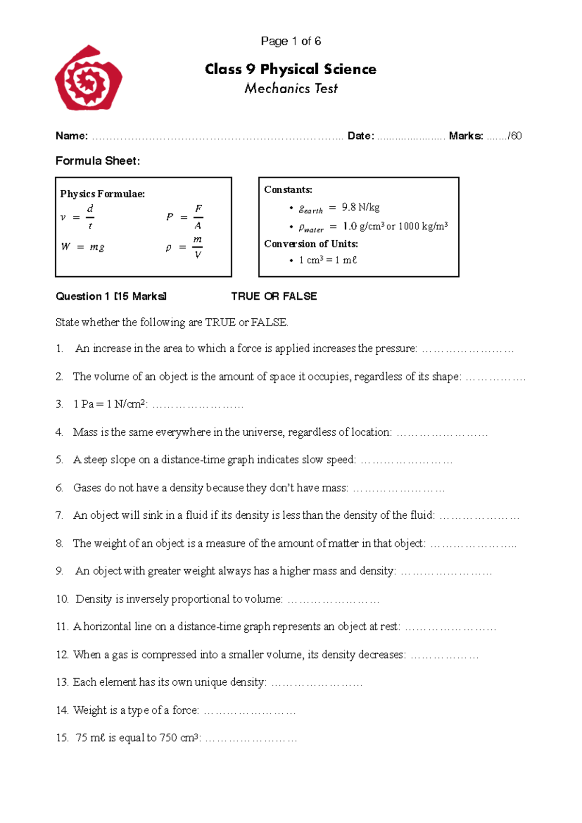 Grade 9 Physical Science Mechanics Test: Key Concepts & Questions - Studocu