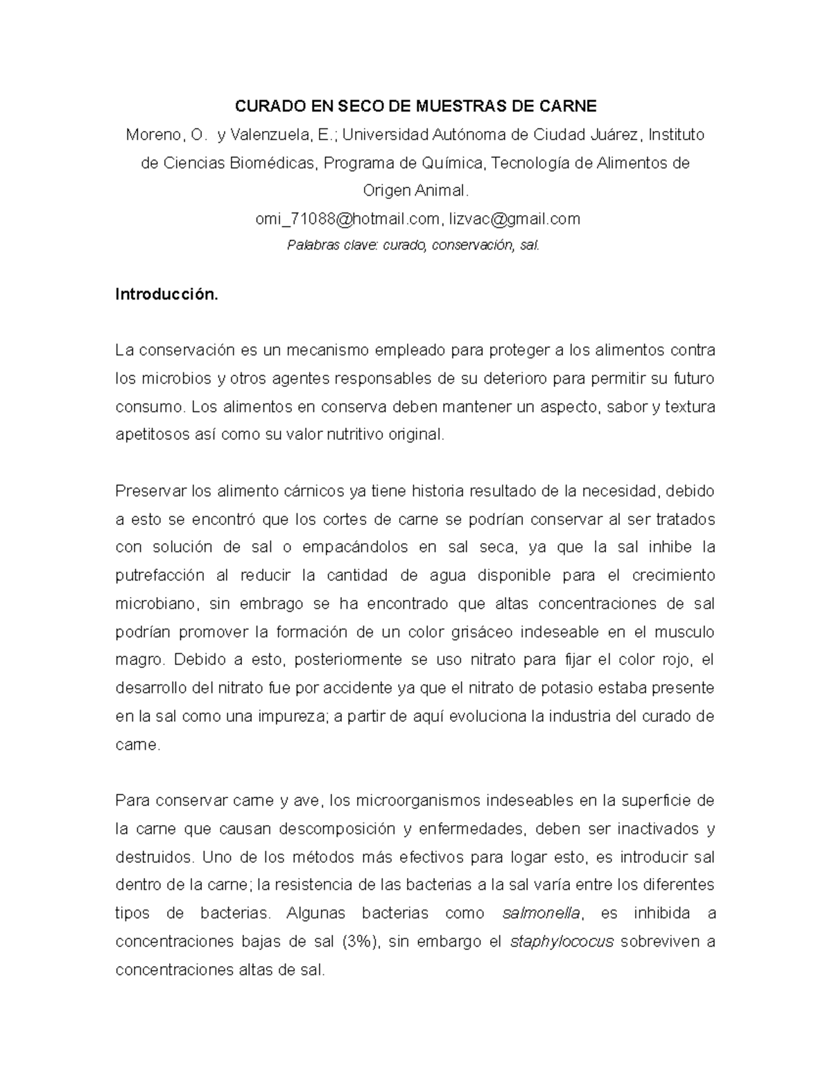 Practica #4 - CURADO EN SECO DE MUESTRAS DE CARNE Moreno, O. y ...
