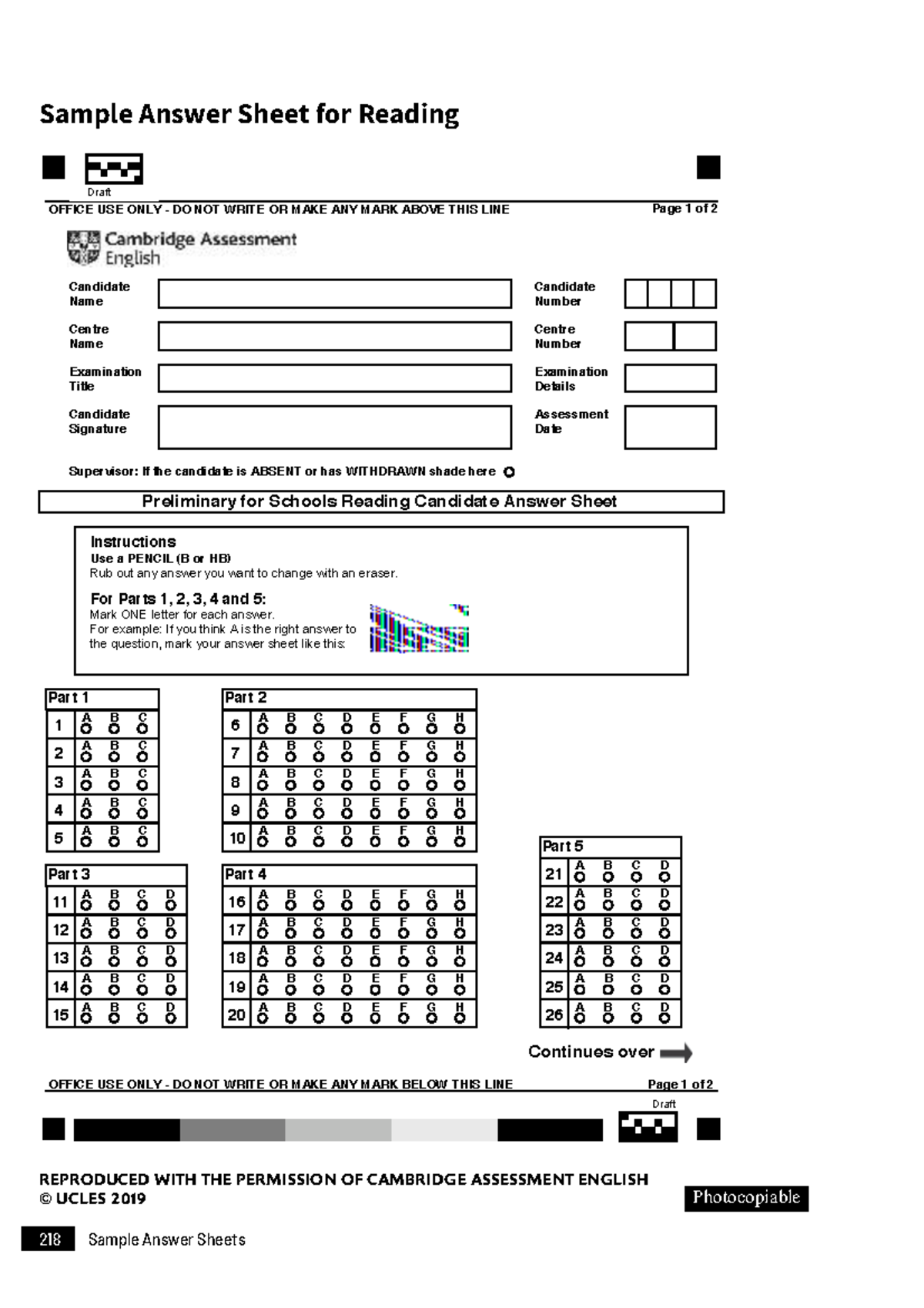 B1 Preliminary Exam Sample Answer Sheet for Reading & Listening - Studocu