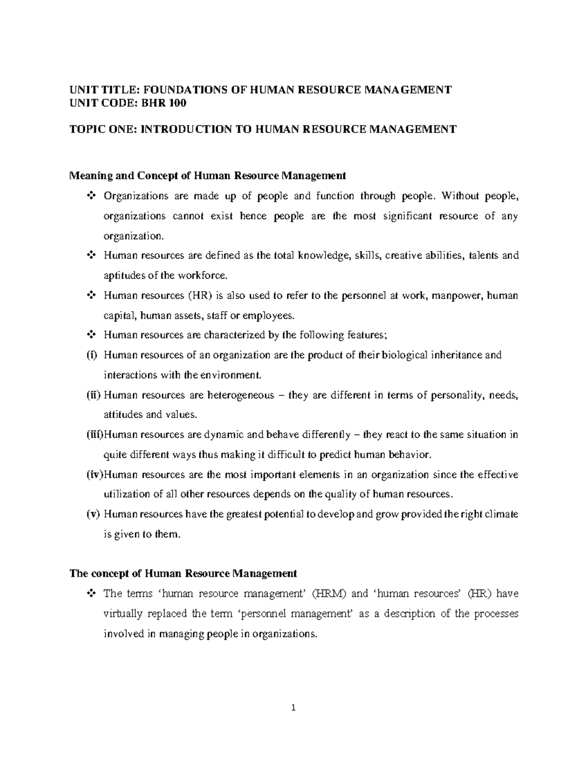 Foundations of Human Resource Management (BHR 100): Introductory ...