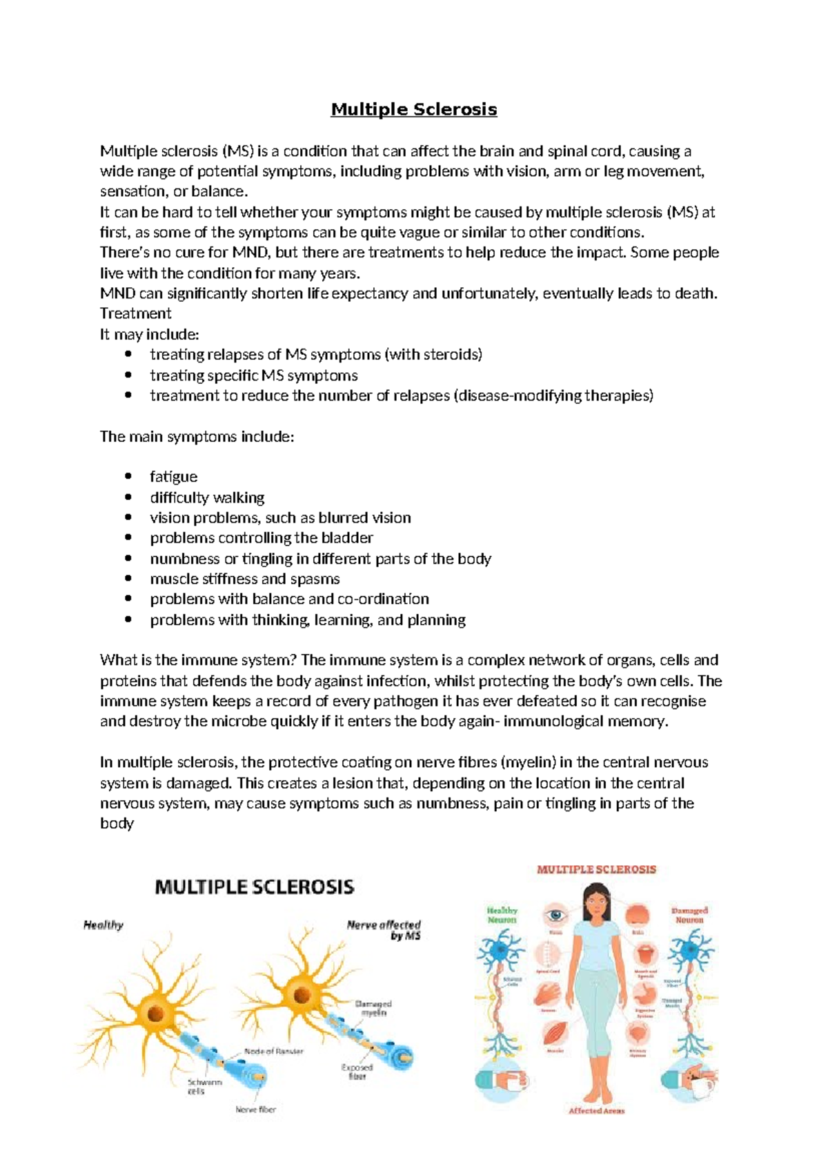 MS Leaflet: Key Notes on Multiple Sclerosis for Exam Board - Studocu
