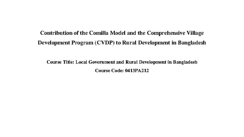 Contribution of Comilla Model & CVDP to Rural Dev. in Bangladesh ...