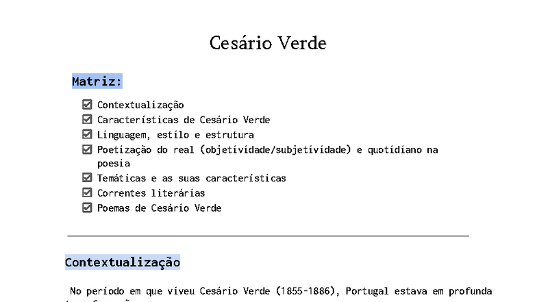 Análise das Obras de Cesário Verde: Estilo e Realidade na Poesia - Studocu