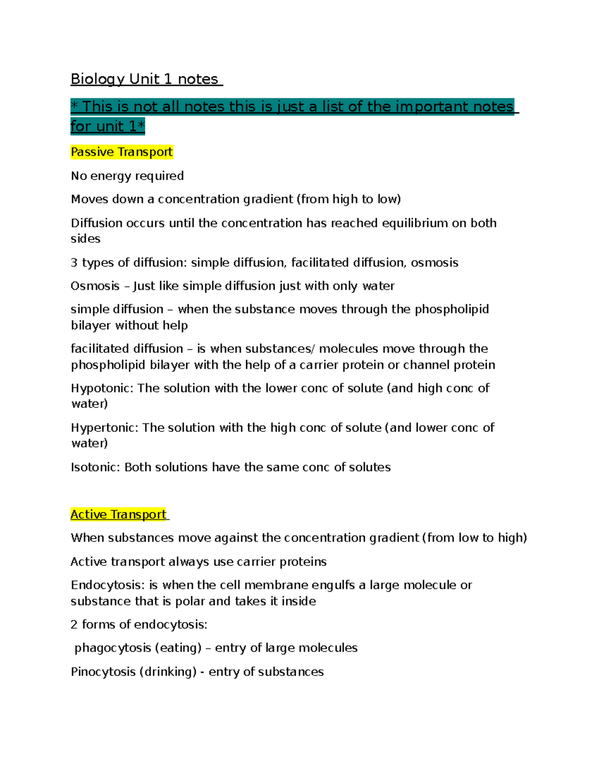 Biology Unit 1 notes - Biology Unit 1 notes * This is not all notes ...