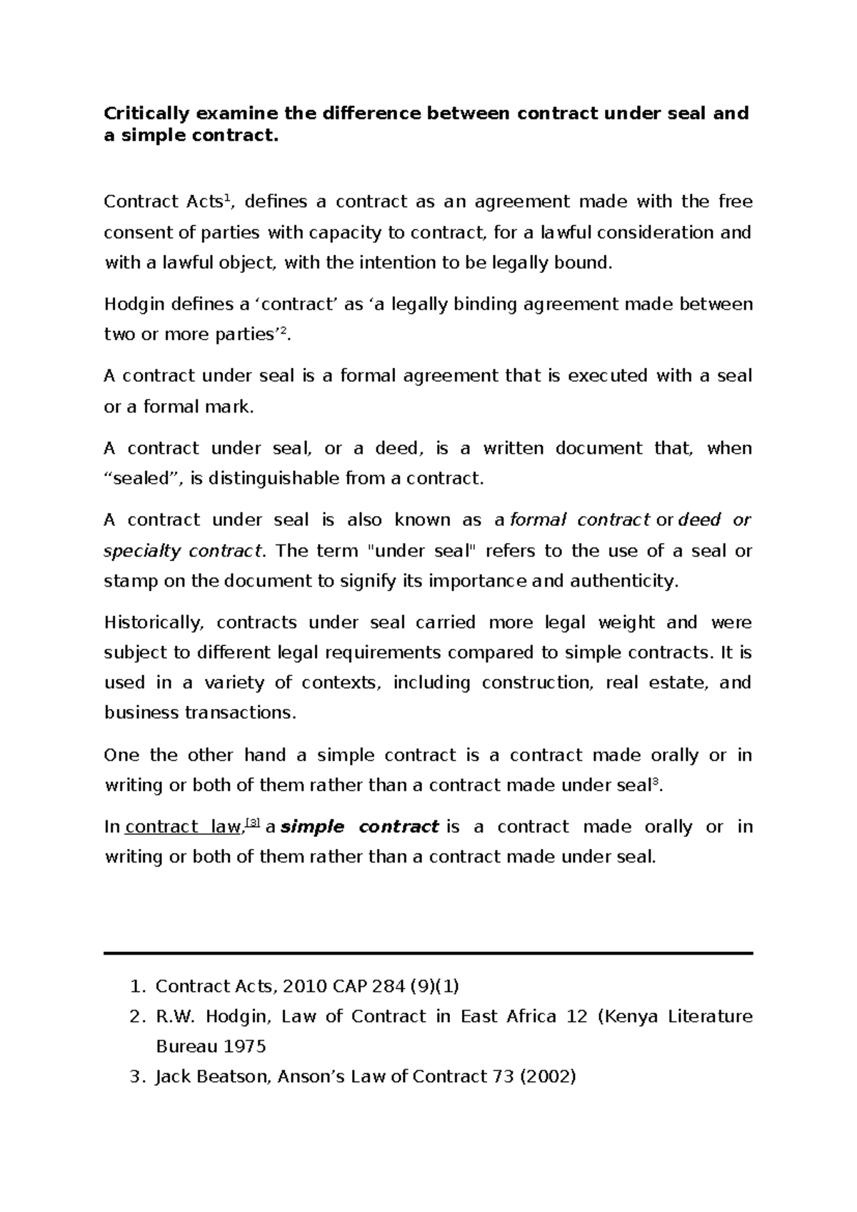 Comparative Study of Contracts Under Seal vs. Simple Contracts - Studocu