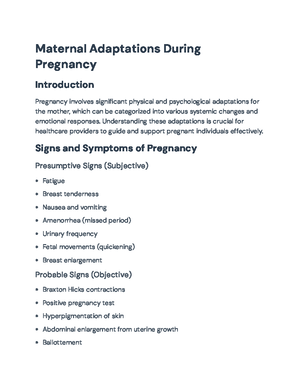 Maternal Adaptations and Changes During Pregnancy Overview - Maternal ...