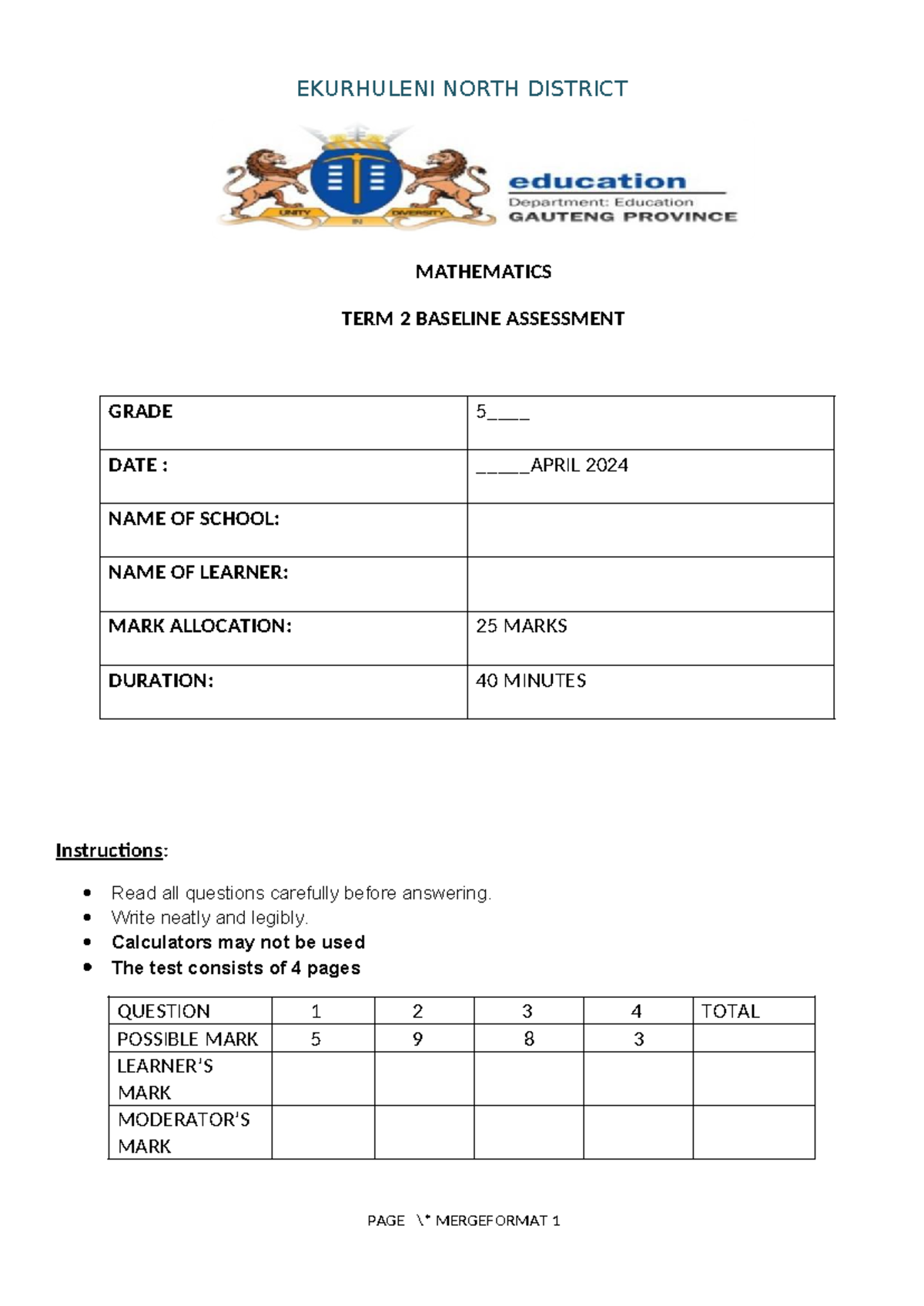 Grade 5 Maths Term 2 Baseline Assessment - April 2024 - Studocu