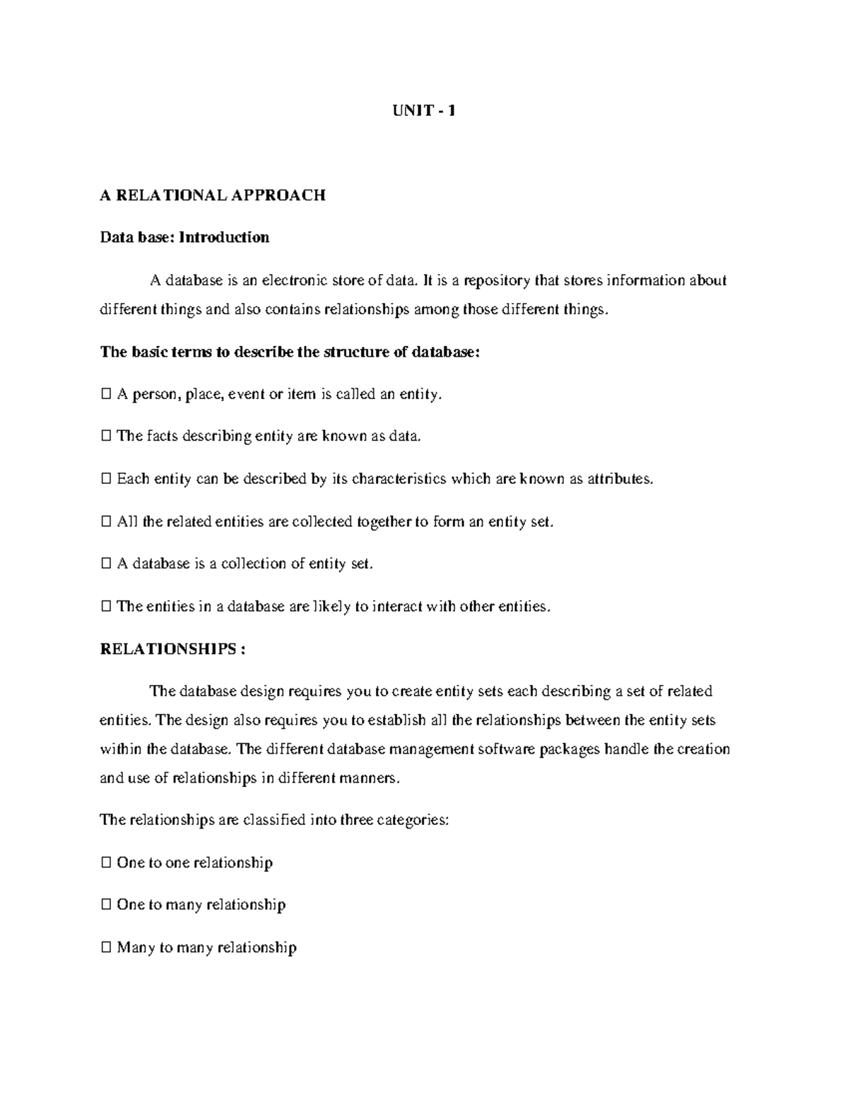 Rdbms unit -1 - Bsc cs and it - UNIT - 1 A RELATIONAL APPROACH Data base: Introduction A ...