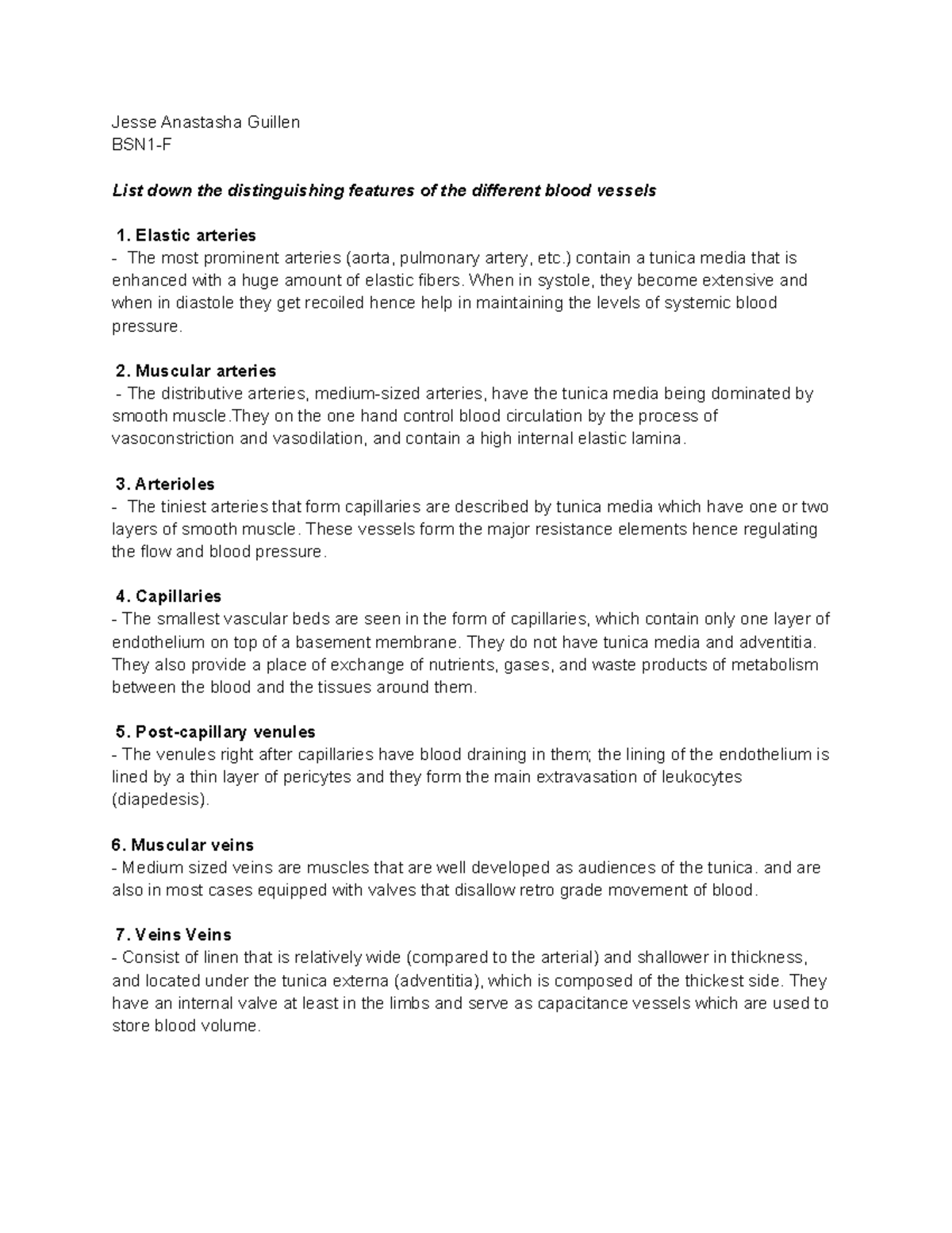 Anaphy Assignment: Distinguishing Features of Blood Vessels - Studocu
