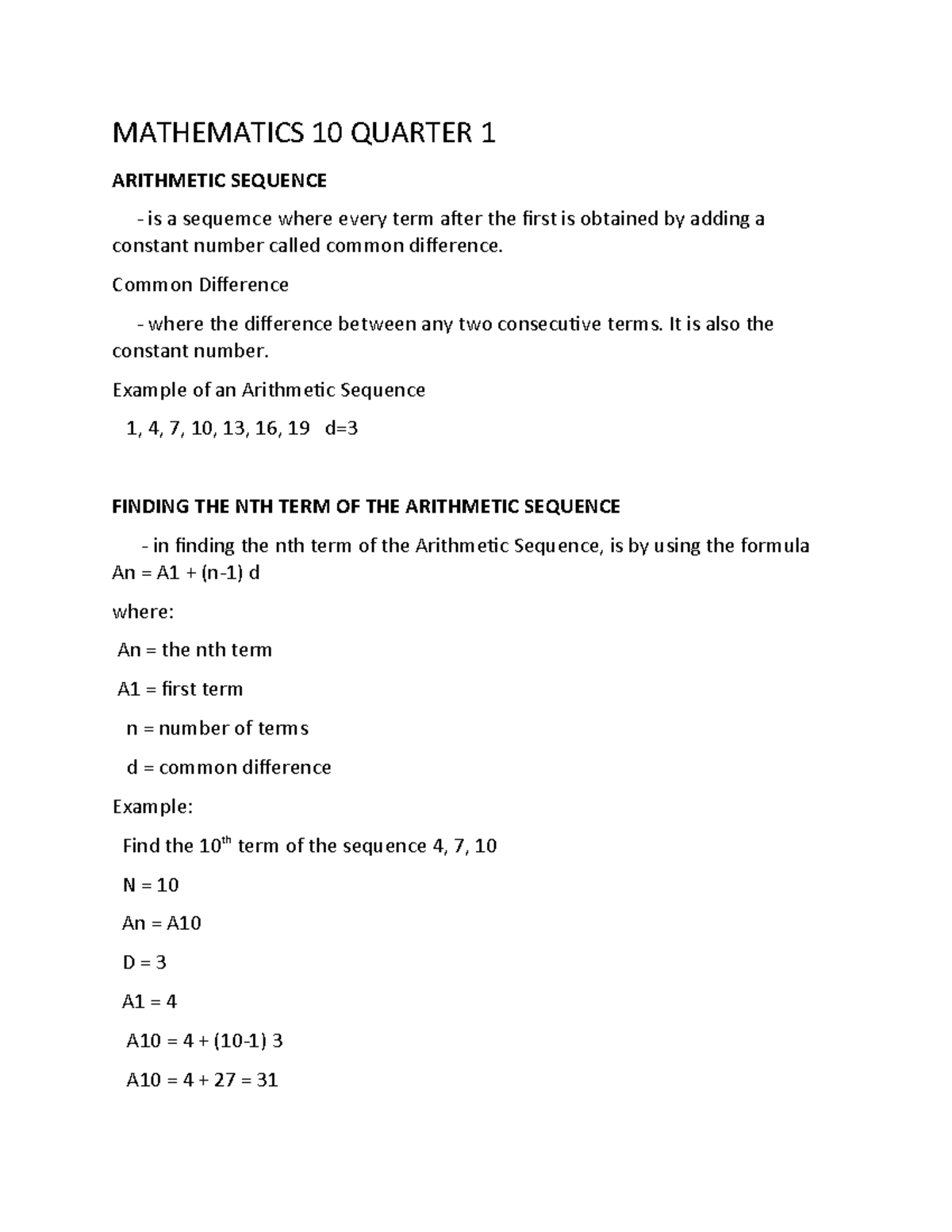 MATHEMATICS 10 Q1: ARITHMETIC SEQUENCE & POLYNOMIALS NOTES - Studocu