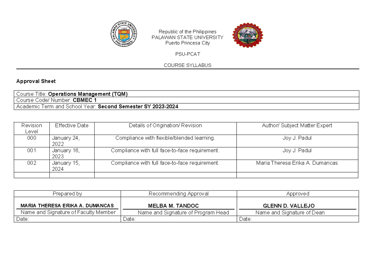 Syllabus for CBMEC 1: Operations Management (TQM) Course Overview - Studocu