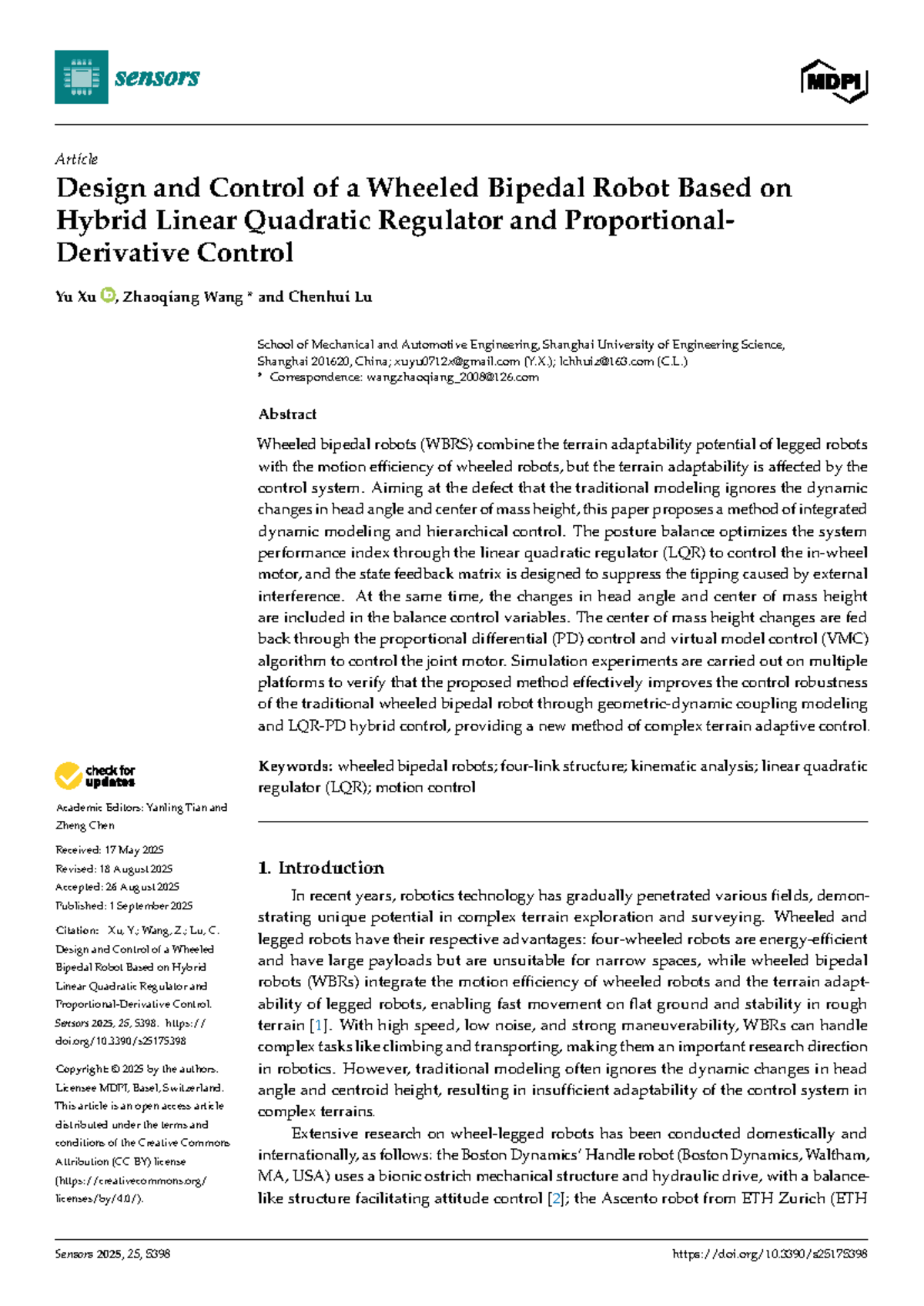 Design and Control of Wheeled Bipedal Robots: Hybrid LQR & PD Control ...