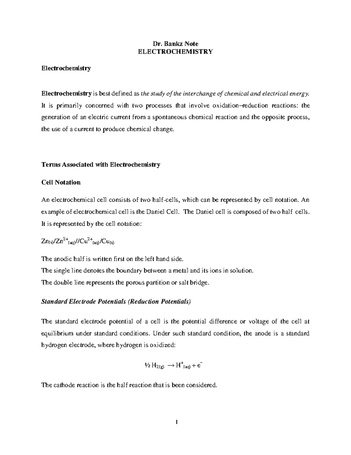 Electrochemistry 101: Lecture Notes for Chem 100 Fundamentals - Studocu