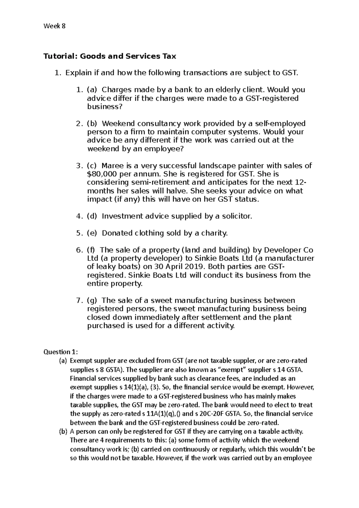 Tutorial 1 answers - ACCT 254 Tutorial for Week Beginning 27 February 2023 You are the tax agent ...