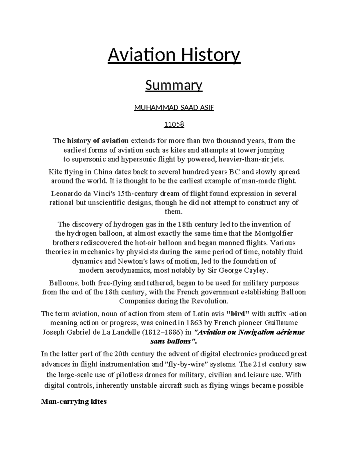 Aviation History Overview MUHAMMAD SAAD ASIF 11058 - Studocu